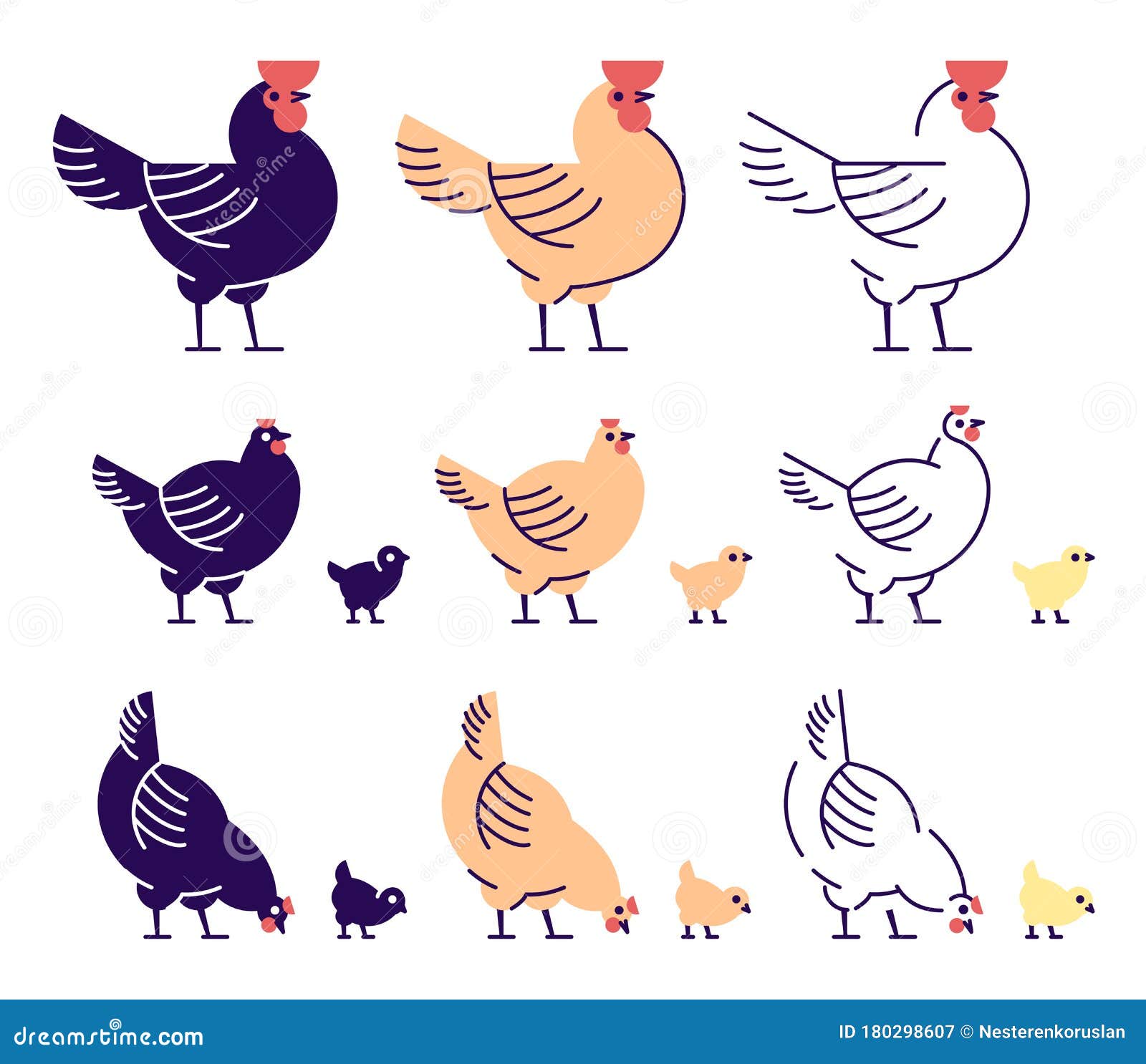 Chickens Flat Vector Illustrations Set. Multicolor Chicks, Hens and and ...