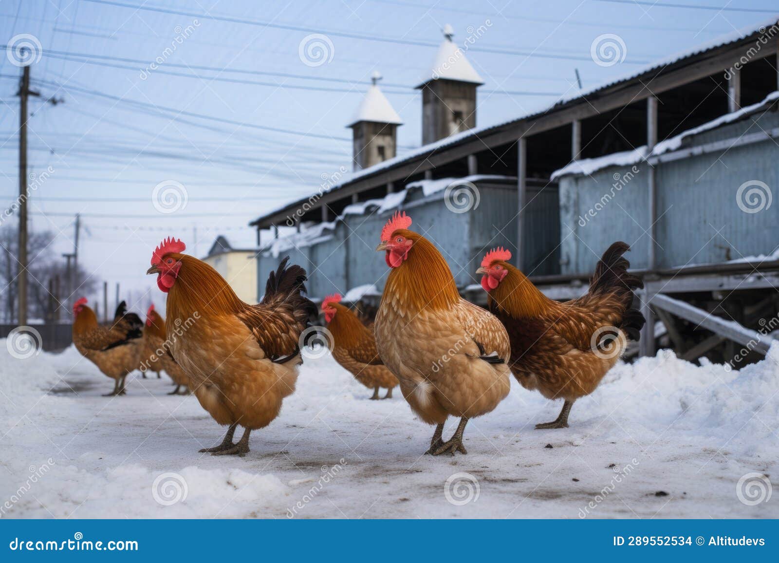 Chickens Pecking at Feed on Snowy Ground Stock Photo - Image of birds ...