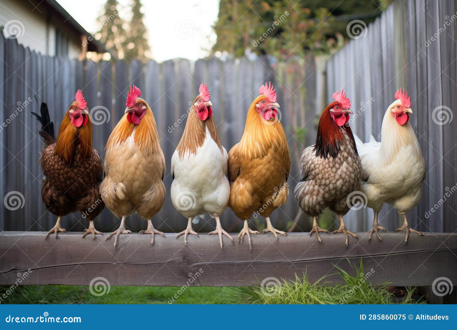 Chickens Perched on a Wooden Fence in the Backyard Stock Image - Image ...