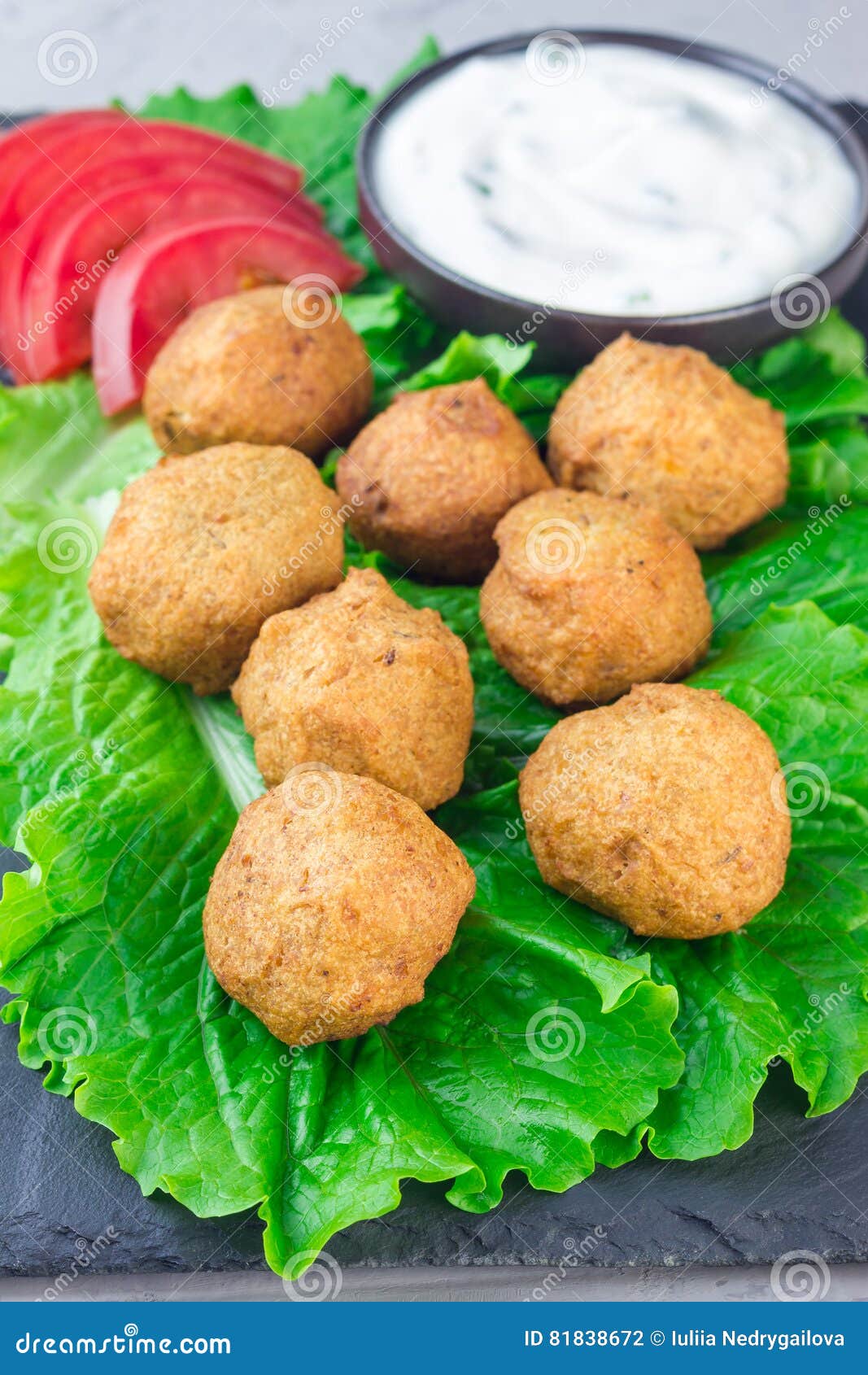 Chickpea Falafel Balls on Slate Board with Vegetables Stock Photo ...