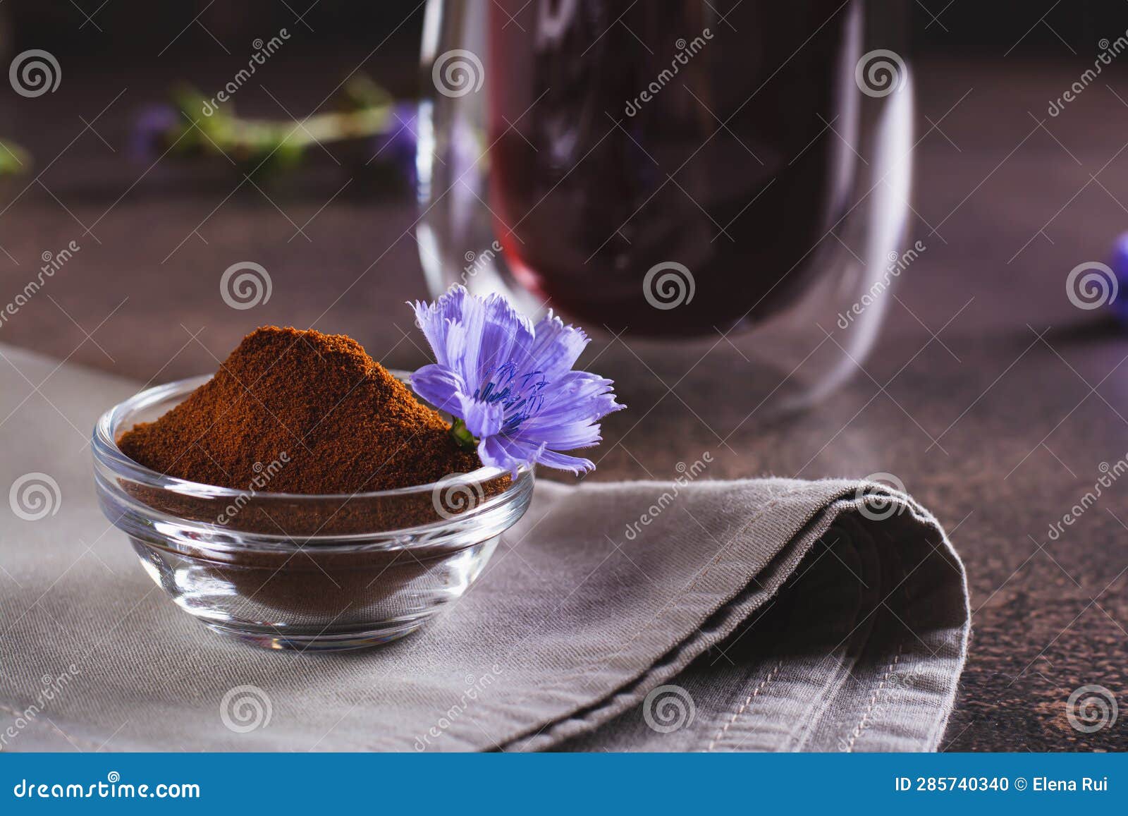 Chicory Powder and Flower in a Bowl for Preparing a Vitamin Drink Stock ...