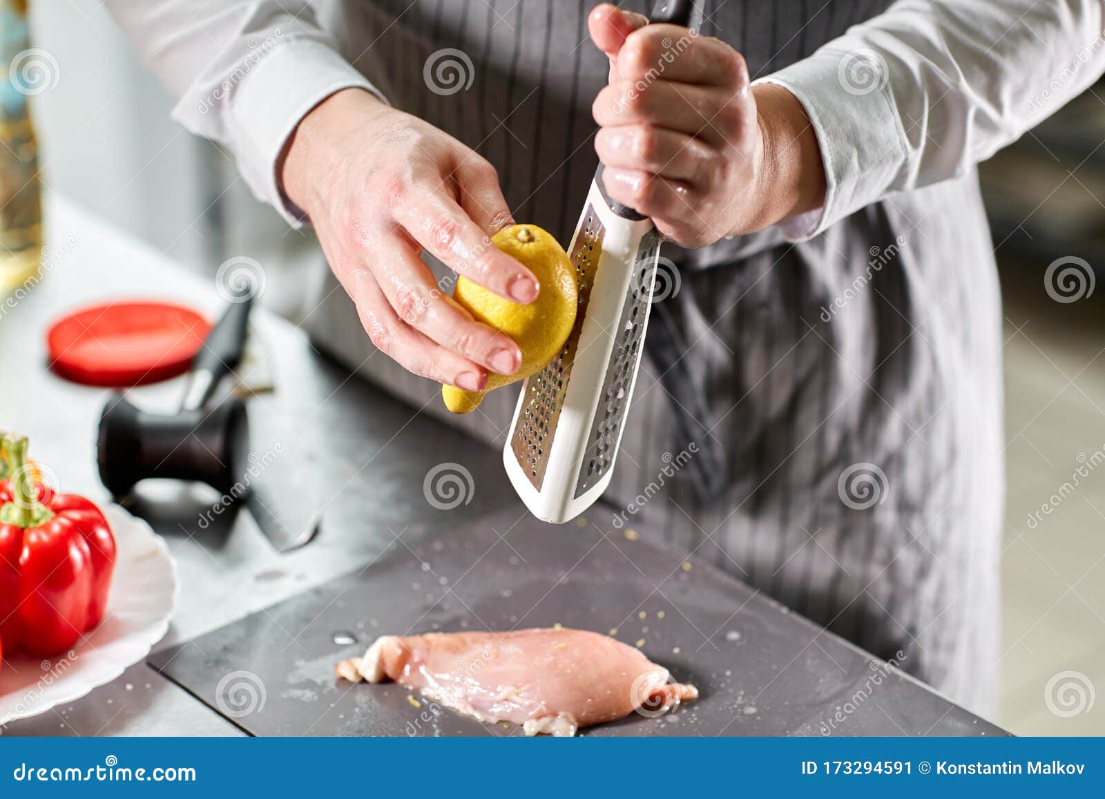 Chief Chops and Marinates Chicken. Professional Chef in a Kitchen of ...