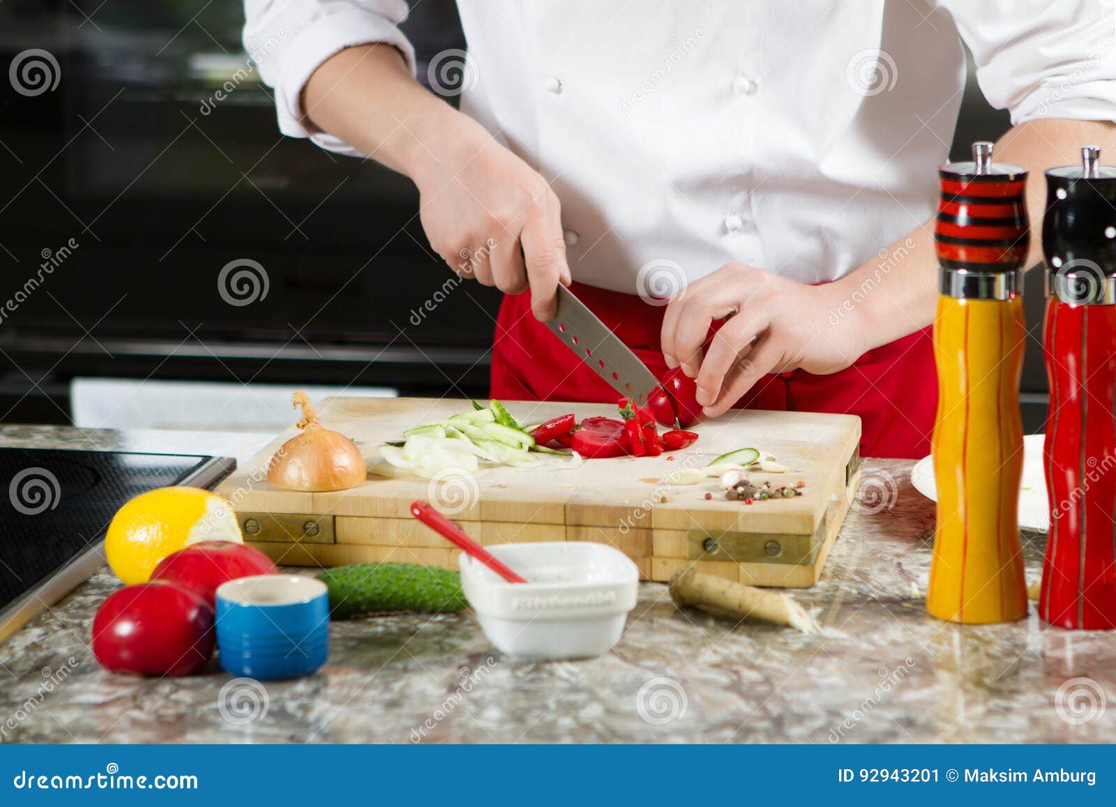 Chief Cook Cut the Tomato with the Knife in Kitchen Stock Image - Image ...