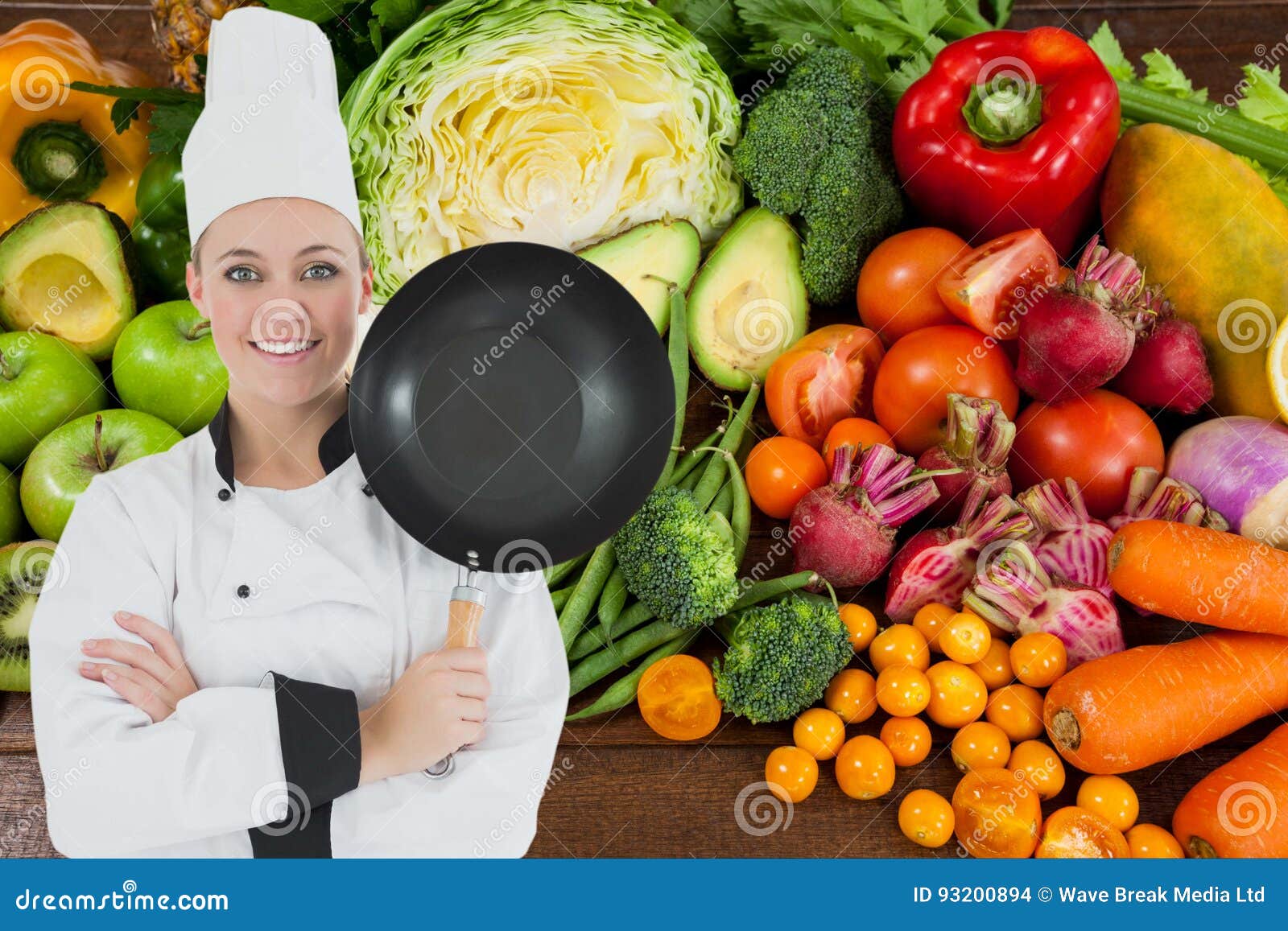 Chief with Frying Pan Against Vegetable Background Stock Photo - Image ...