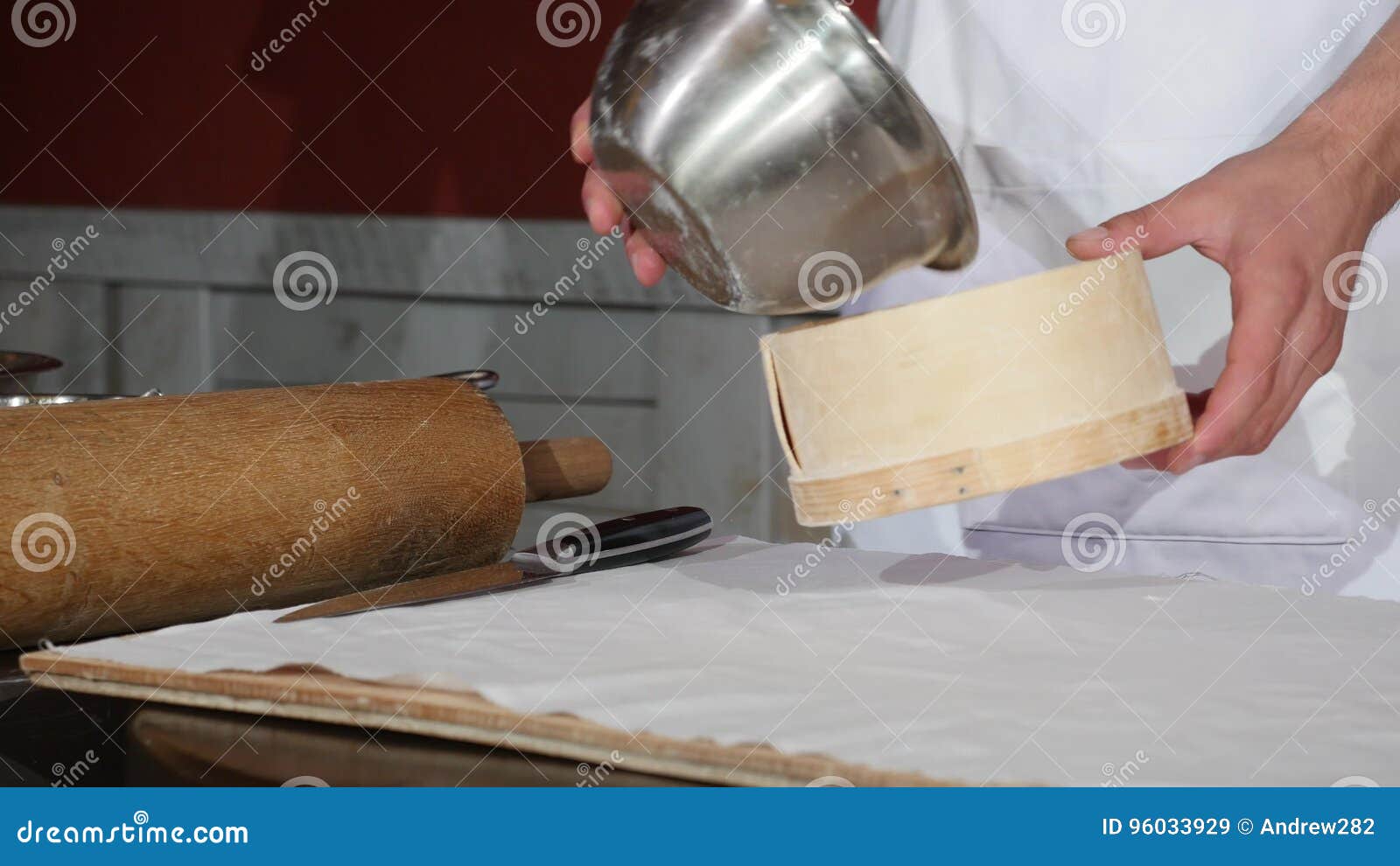 Chief`s Hands Sifting Flour through a Sieve for Baking Stock Image ...