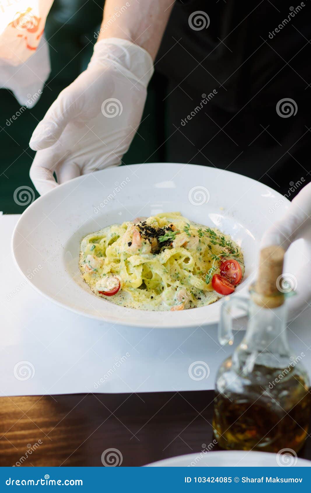 Chief Served Table with Plate of Fettuccine Pasta Stock Image - Image ...