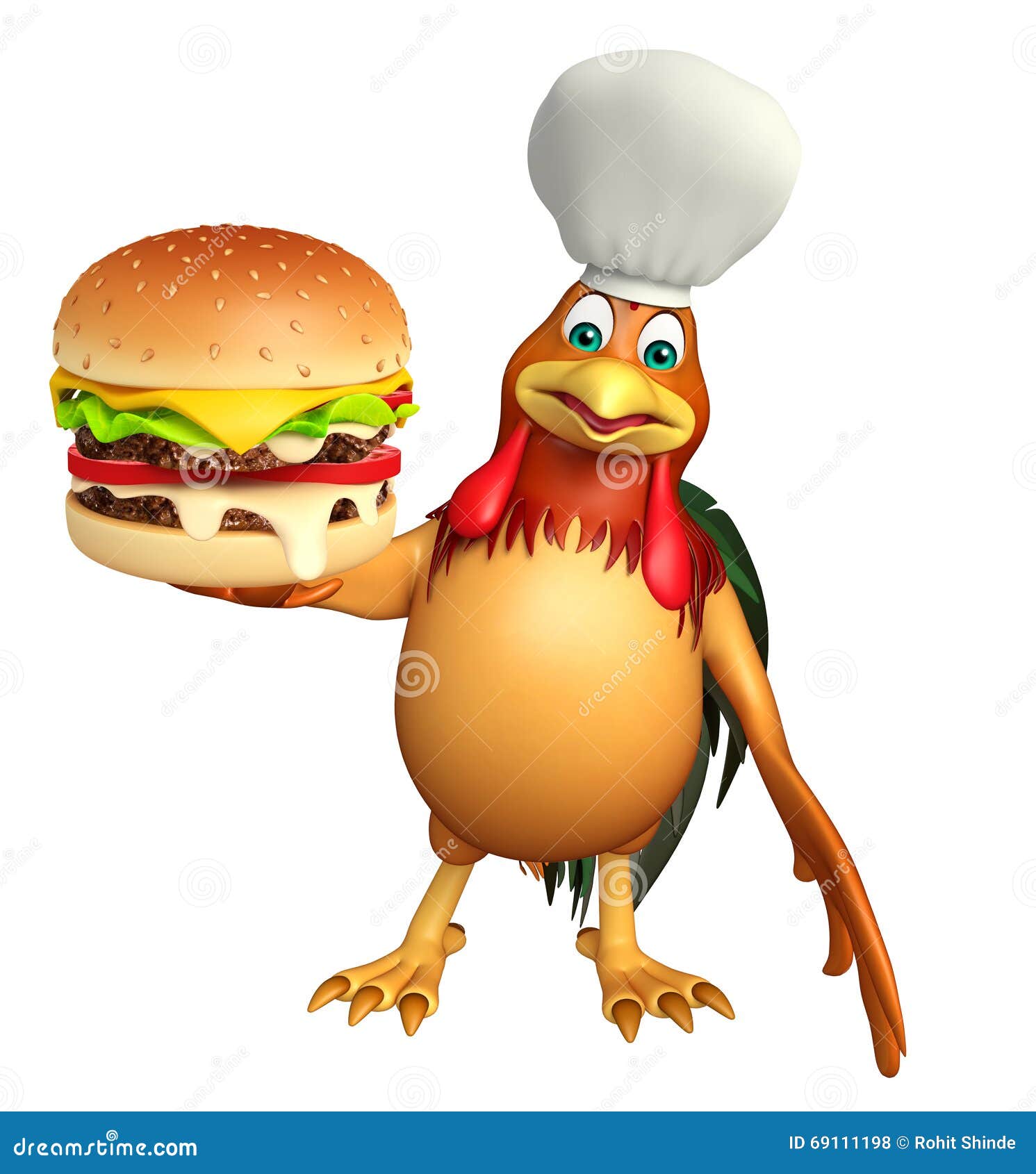 Chiken Cartoon Character with Chef Hat and Burger Stock Illustration ...