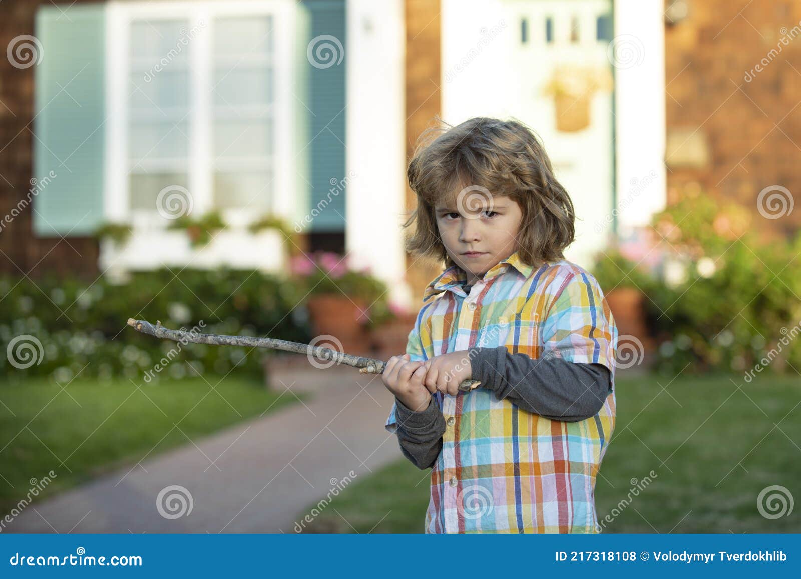Child Aggression. Negative Kids Emotion. Angry Boy with Stick. Kid ...