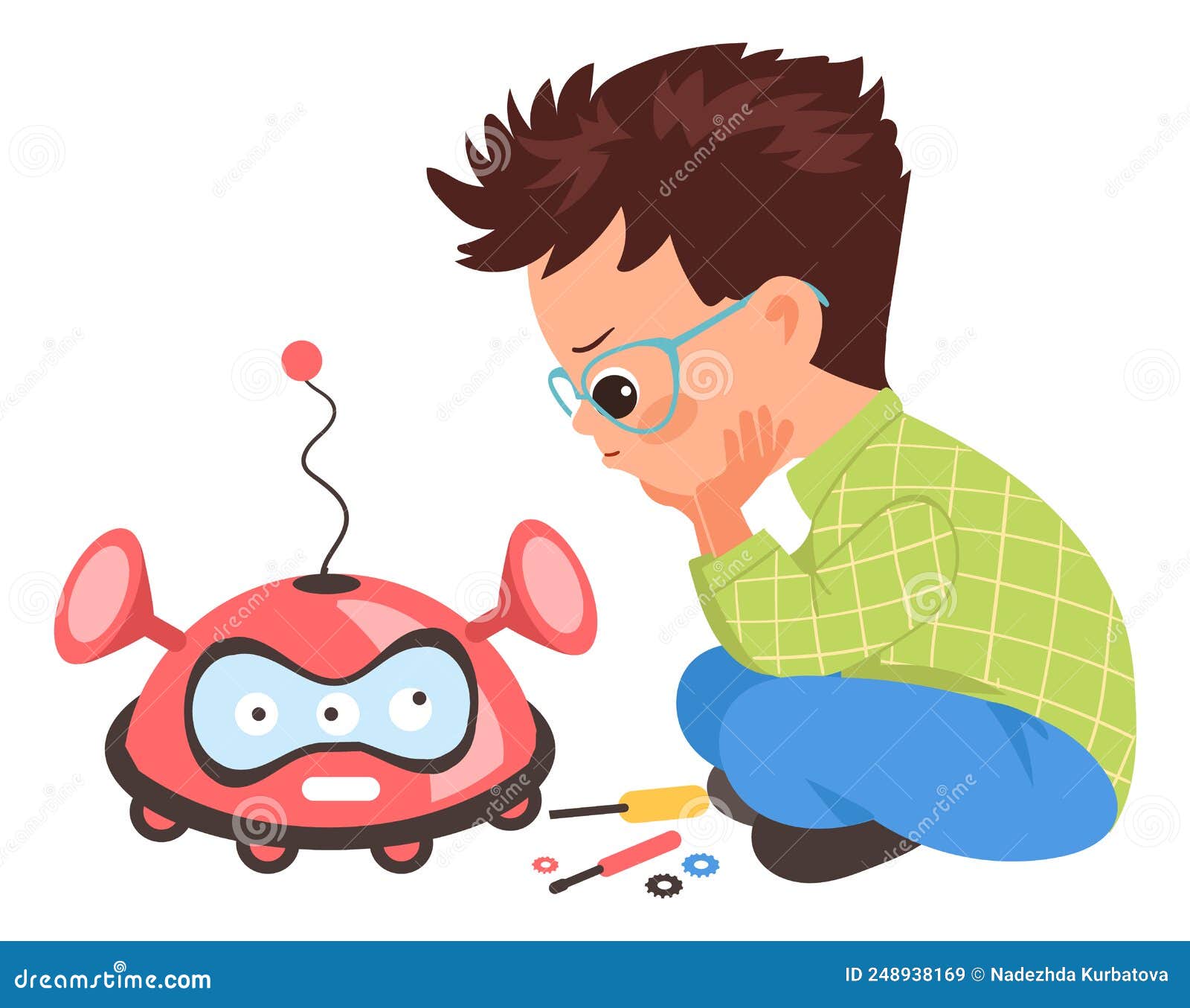 Child Assembles Robot. Boy Fixing Robotic Toy. Smart Kid Creating ...