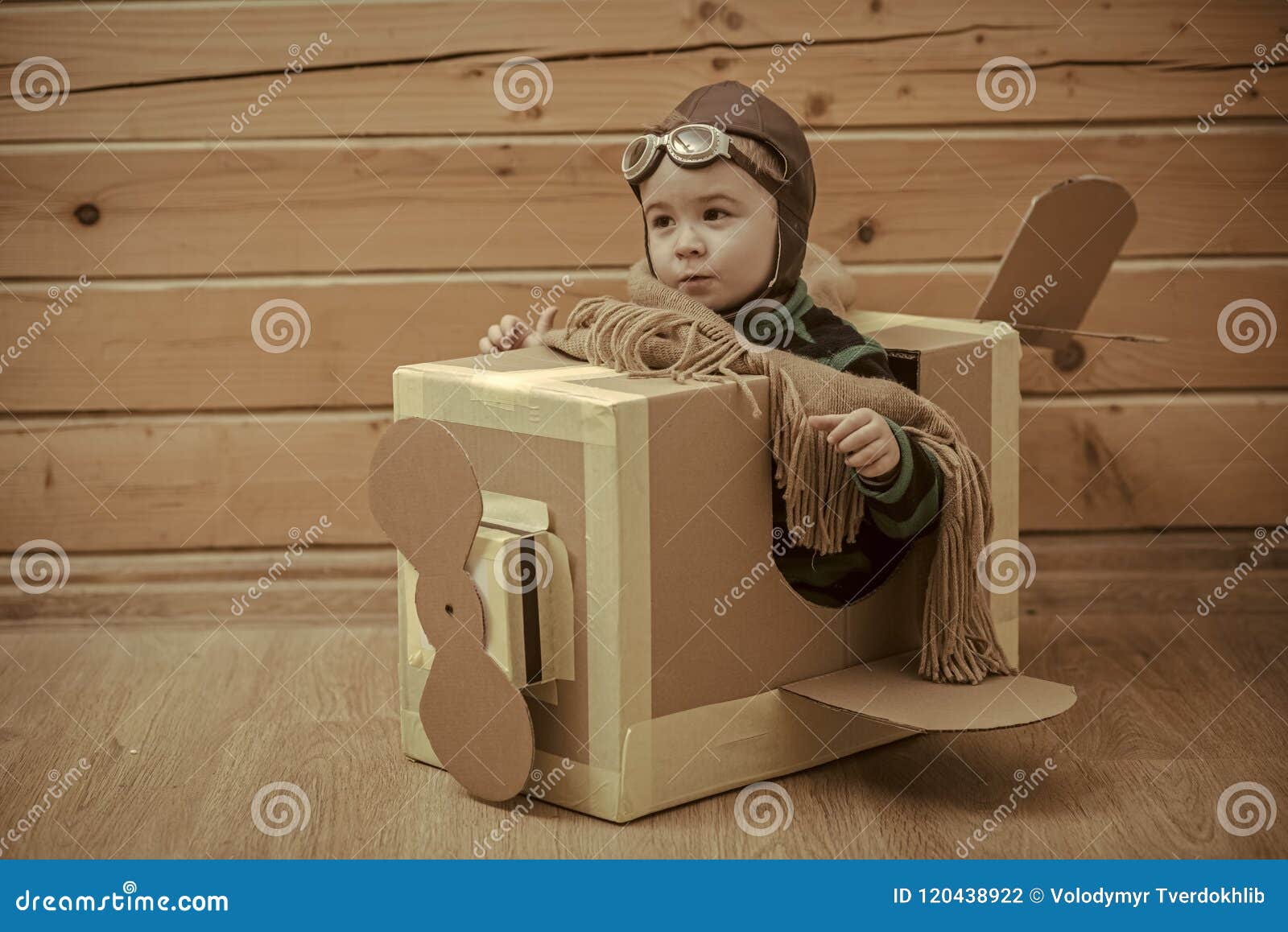 Child Aviator. Boy Pilot Flying in a Cardboard Box Stock Photo - Image ...