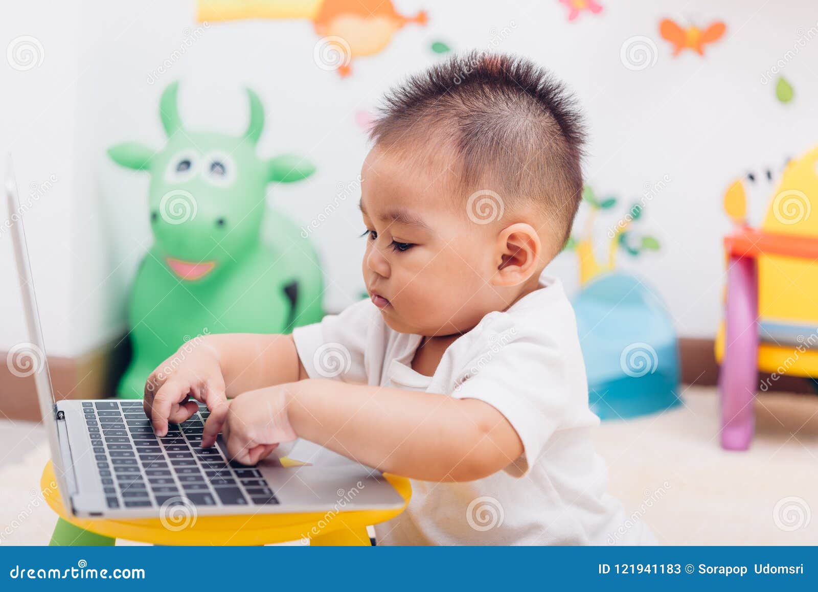 Child Baby Boy Working Using Laptop Computer Stock Image - Image of ...