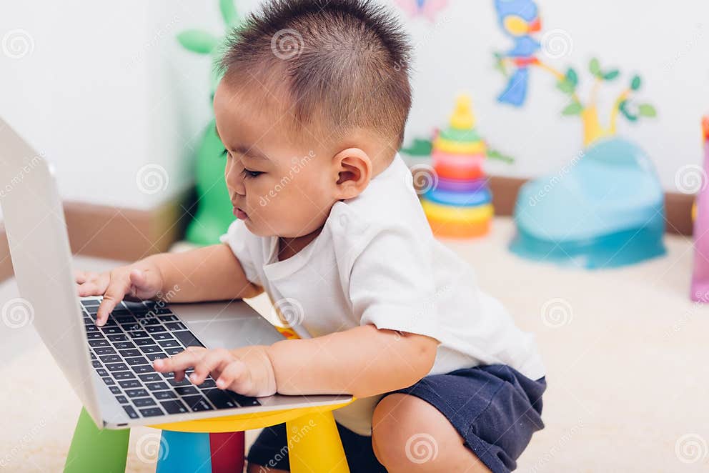 Child Baby Boy Working Using Laptop Computer Stock Photo - Image of ...
