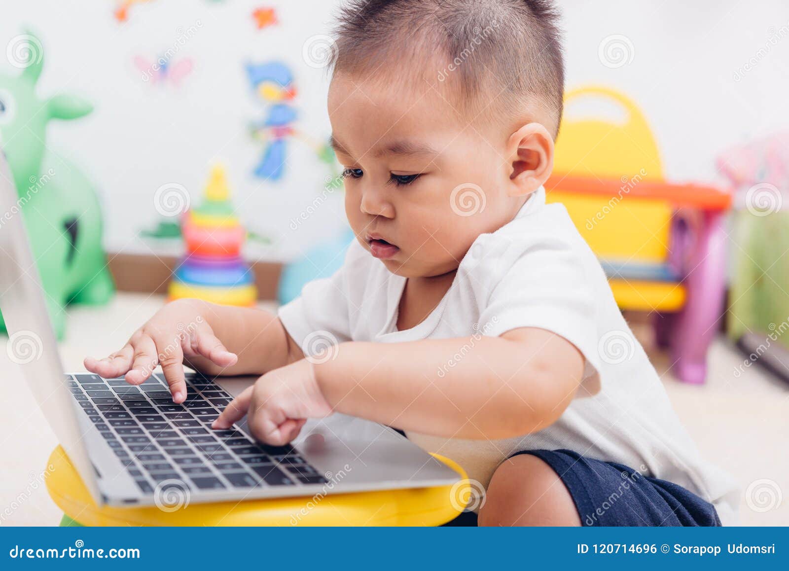 Child Baby Boy Working Using Laptop Computer Stock Photo - Image of ...