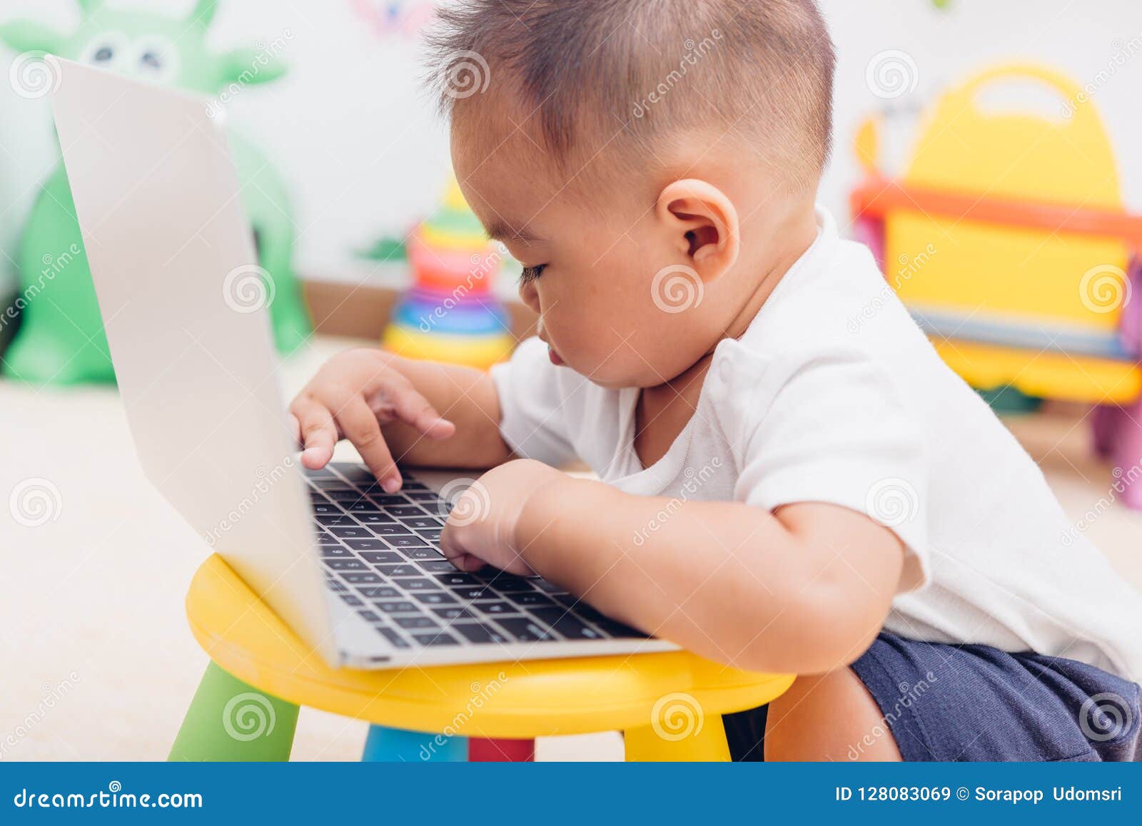 Child Baby Boy Working Using Laptop Computer Stock Image - Image of ...
