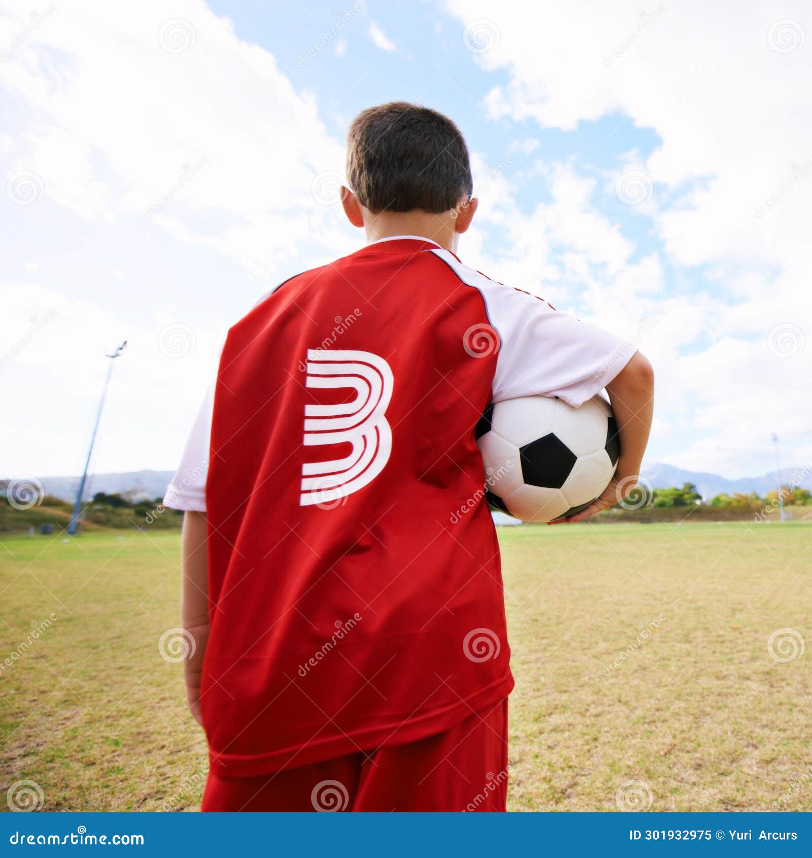 Child, Back View and Soccer Player on Field for Training, Workout and ...