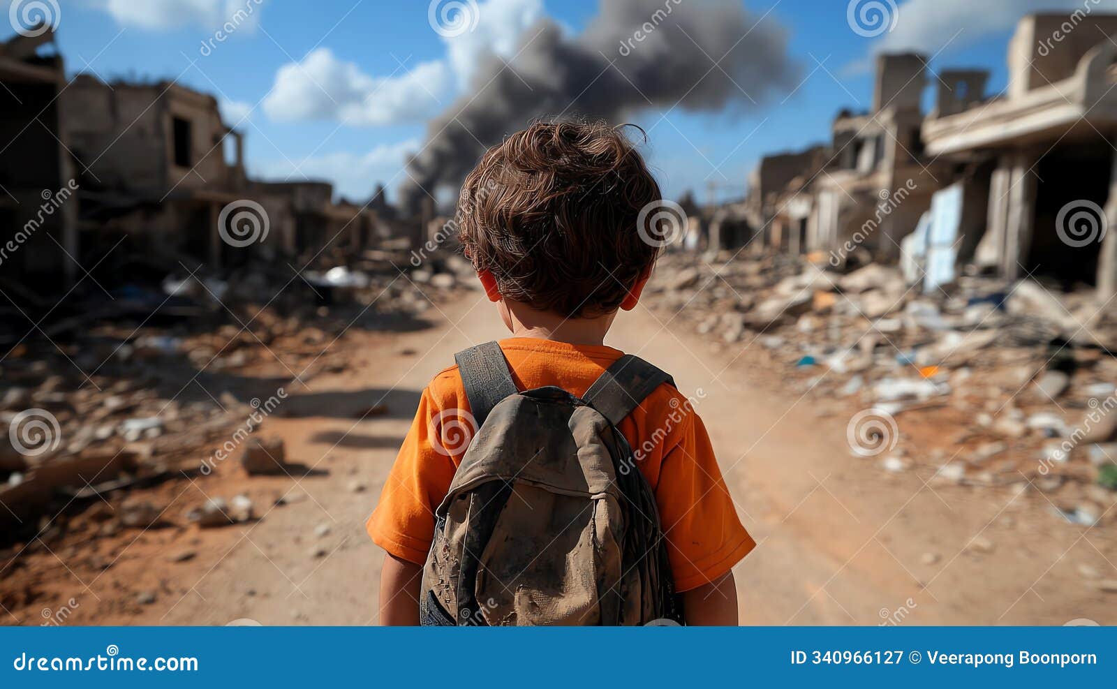 Child With Backpack Walking Through A Devastated Urban Landscape, Smoke ...