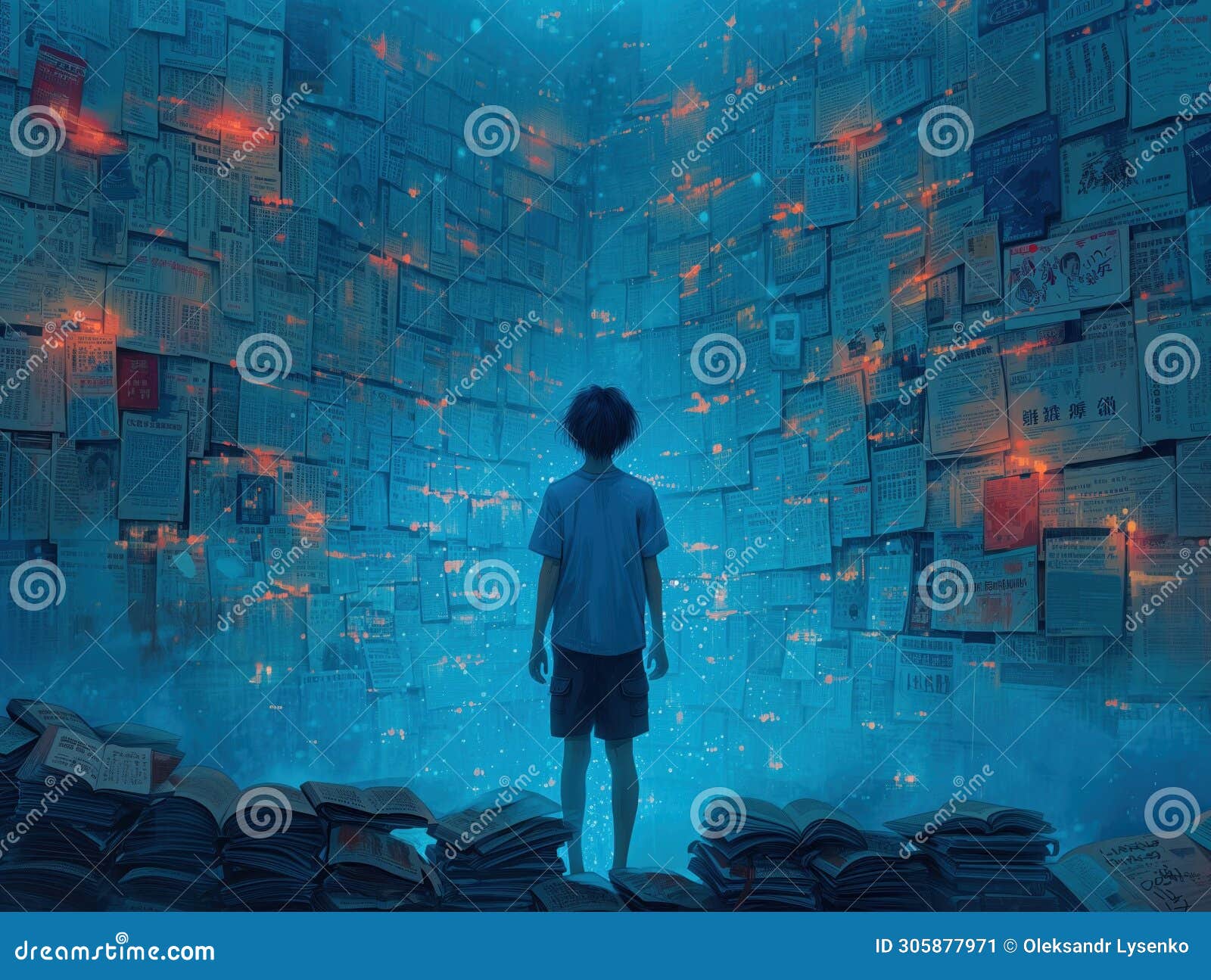 Child with Books in Blue Room Stock Illustration - Illustration of ...
