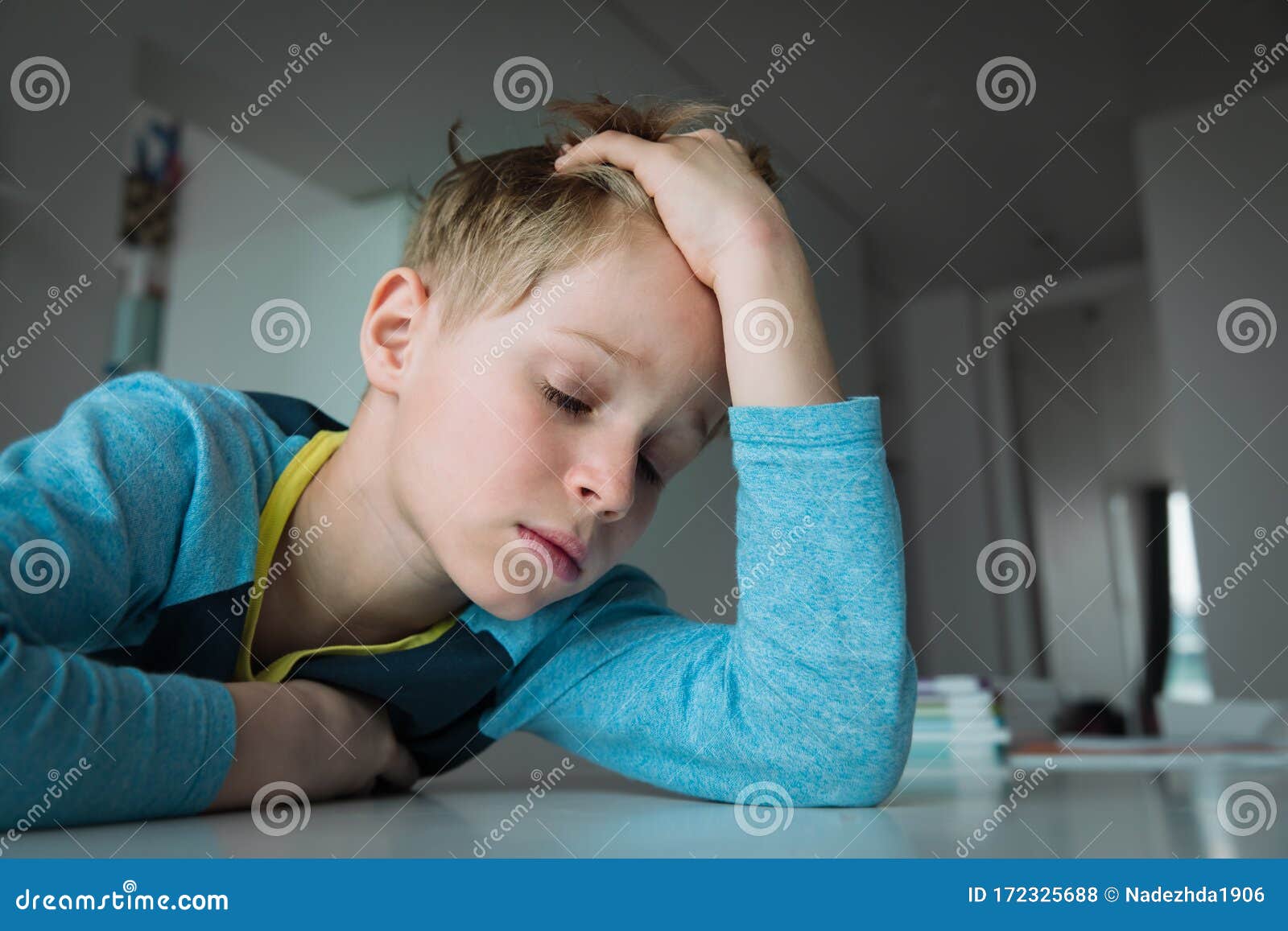 Child Bored of Doing Homework, Kid Stressed, Boy Having Headache Stock ...