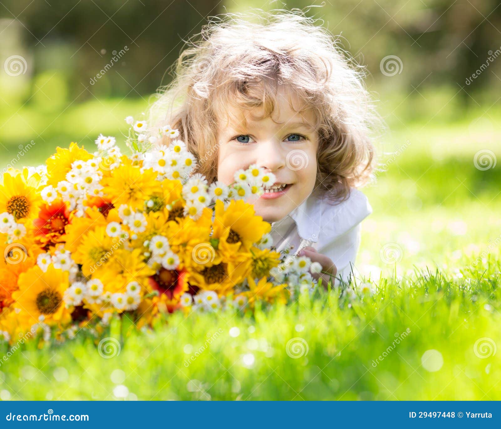 Child with Bouquet of Flowers Stock Photo - Image of lifestyle, grass ...