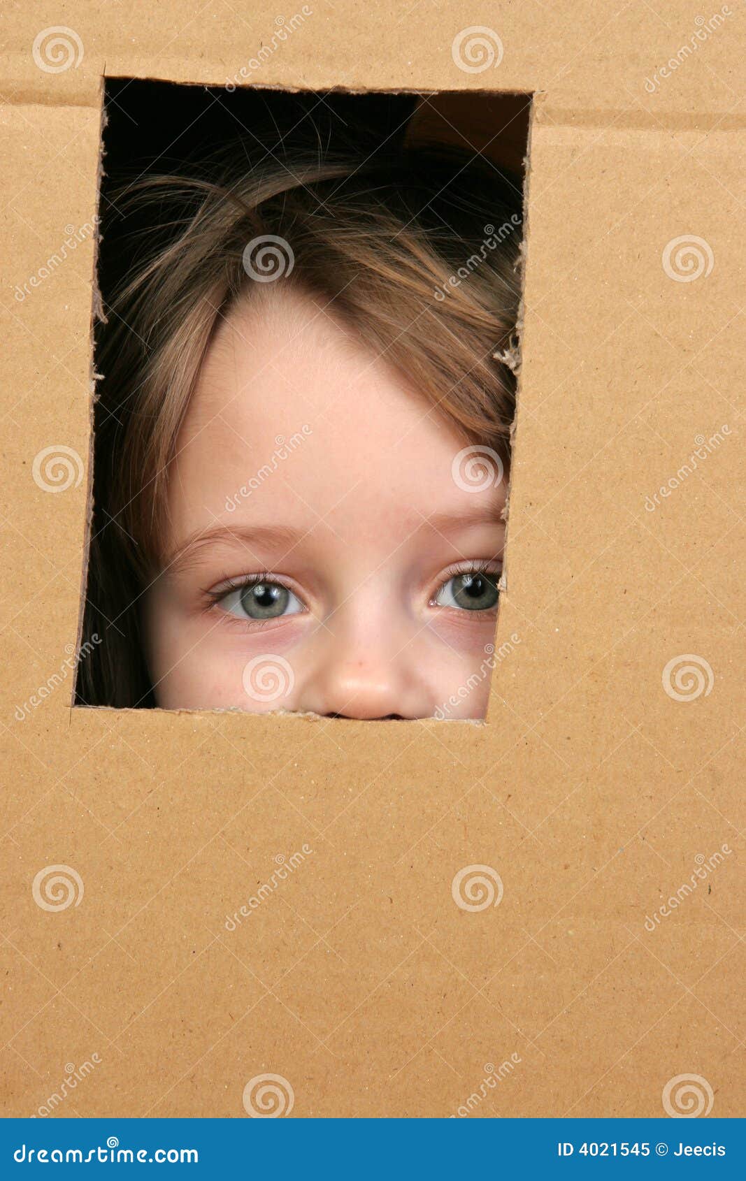 Child in box stock image. Image of cabin, face, hole, brown - 4021545