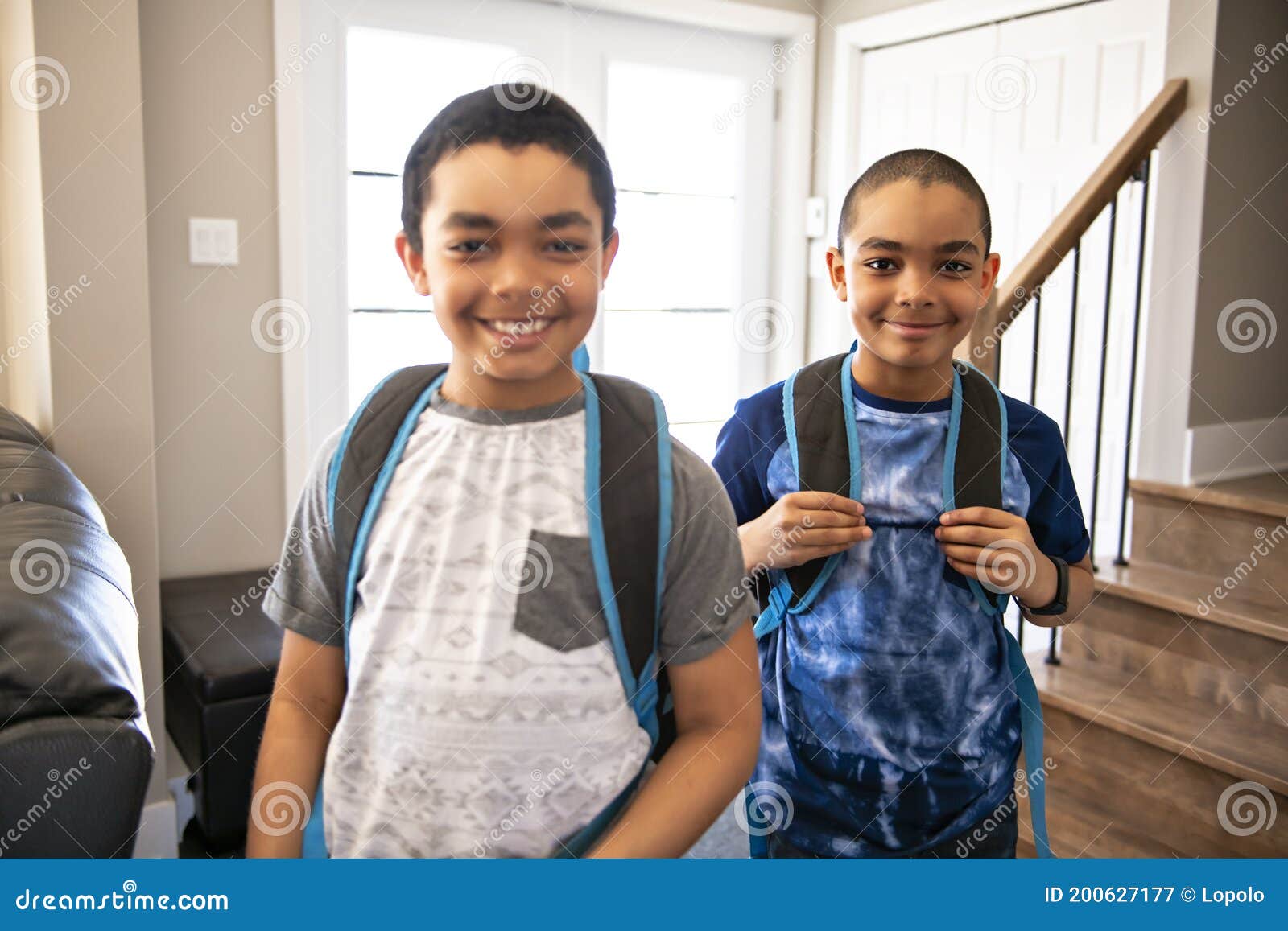 A Child Boy Coming Home Passing through the Door after School Stock ...