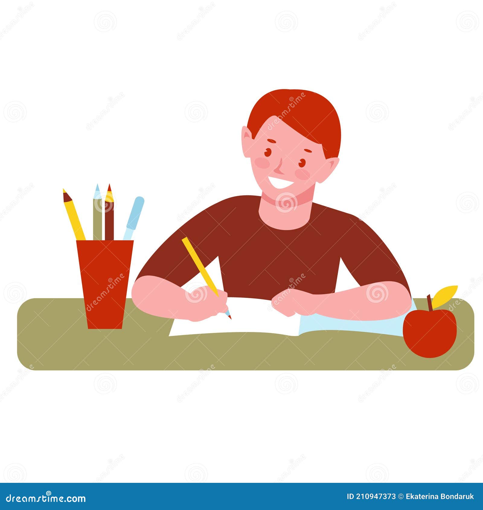 Child Boy Doing Homework, Writes in a Notebook. Vector Illustration in ...