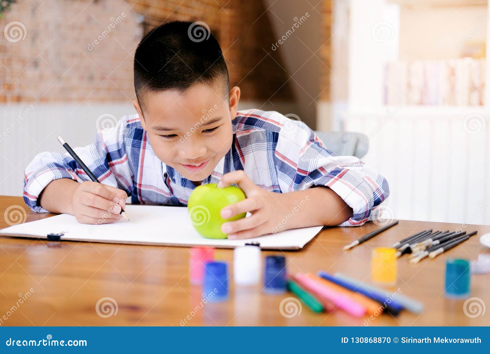 Child Boy Drawing Picture at Home. Stock Photo - Image of back, color ...