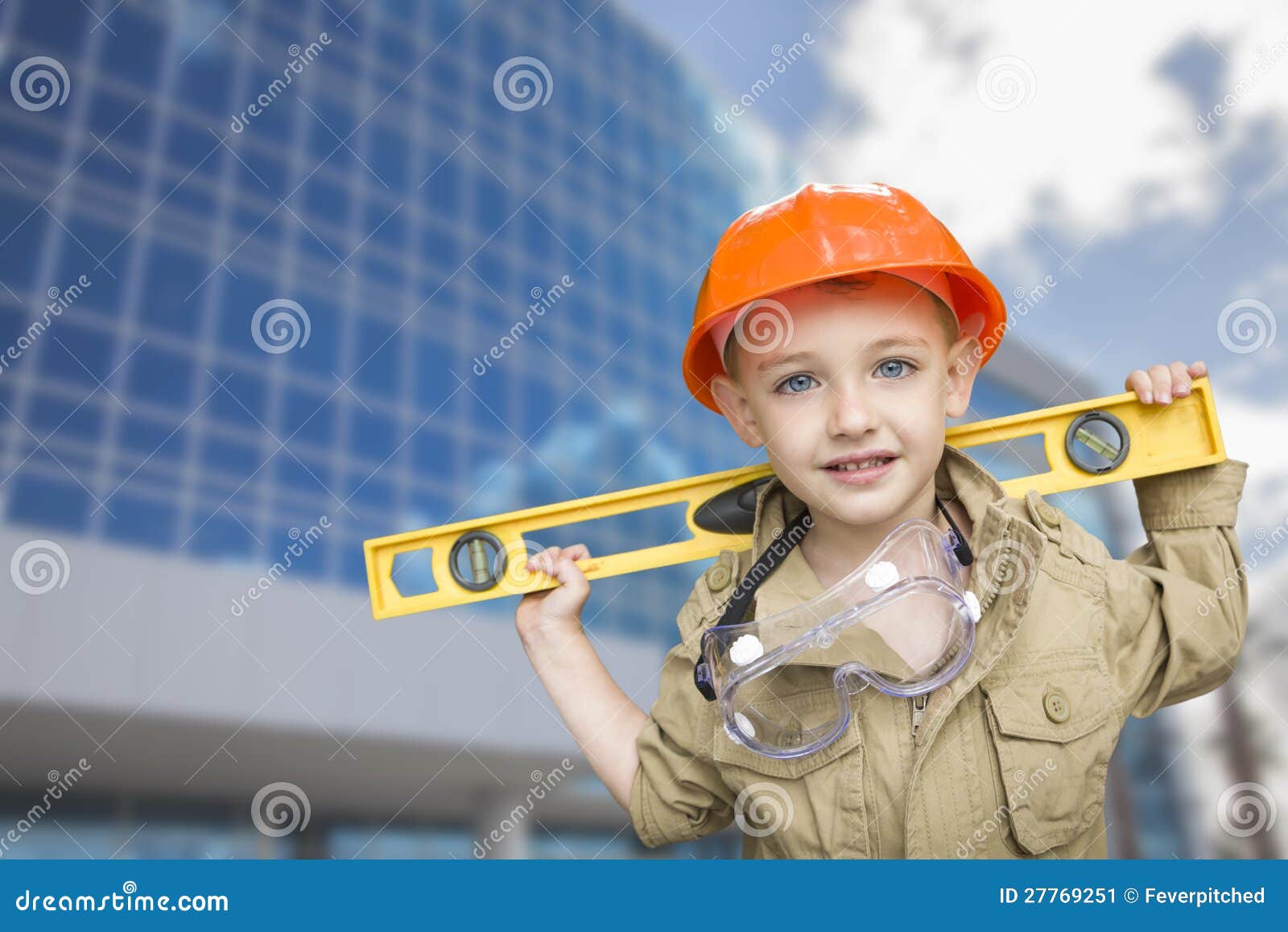 Child Boy Dressed Up As Handyman in Front of Building Stock Image ...