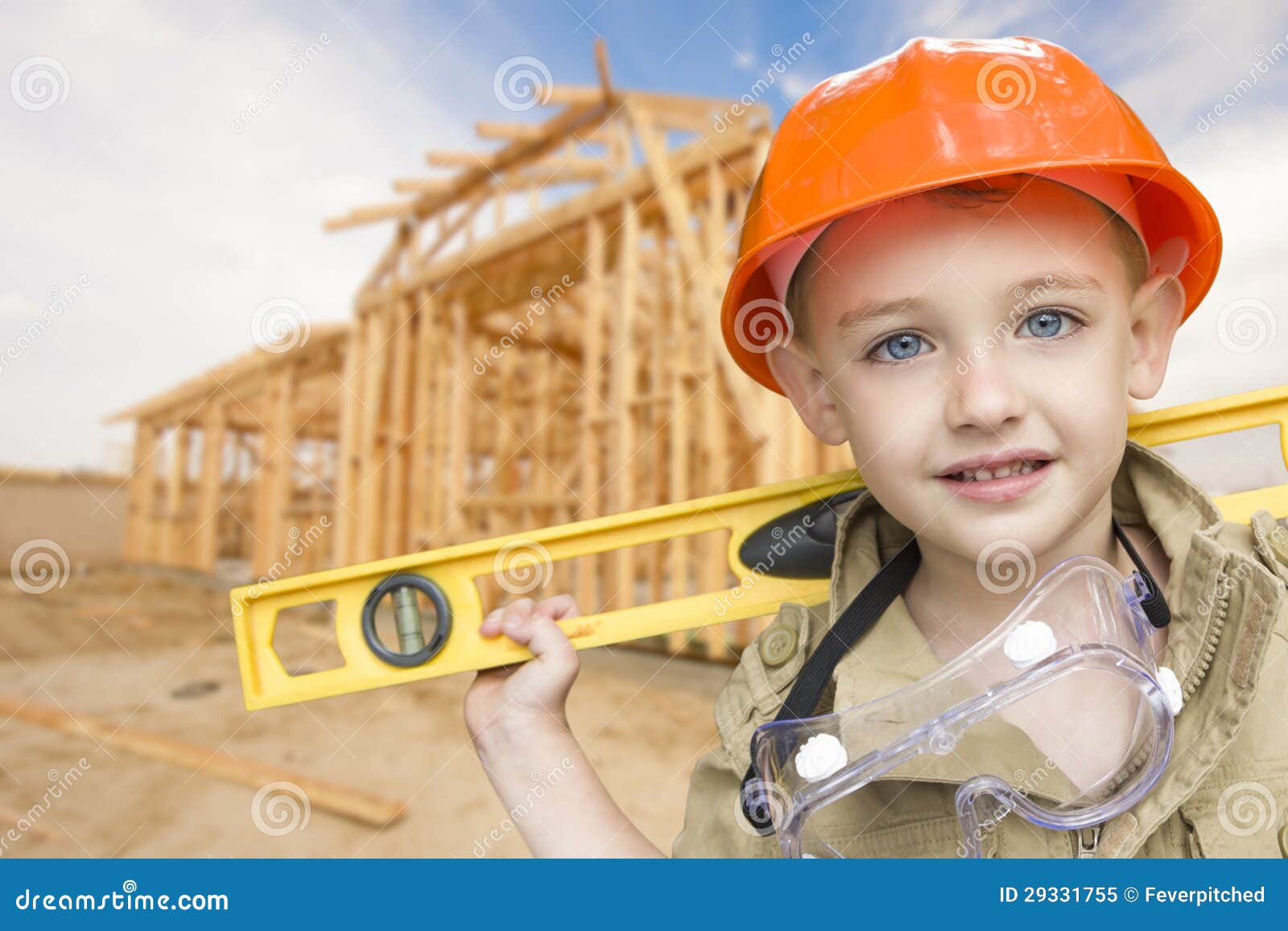 Child Boy Dressed Up As Handyman in Front of House Framing Stock Image ...