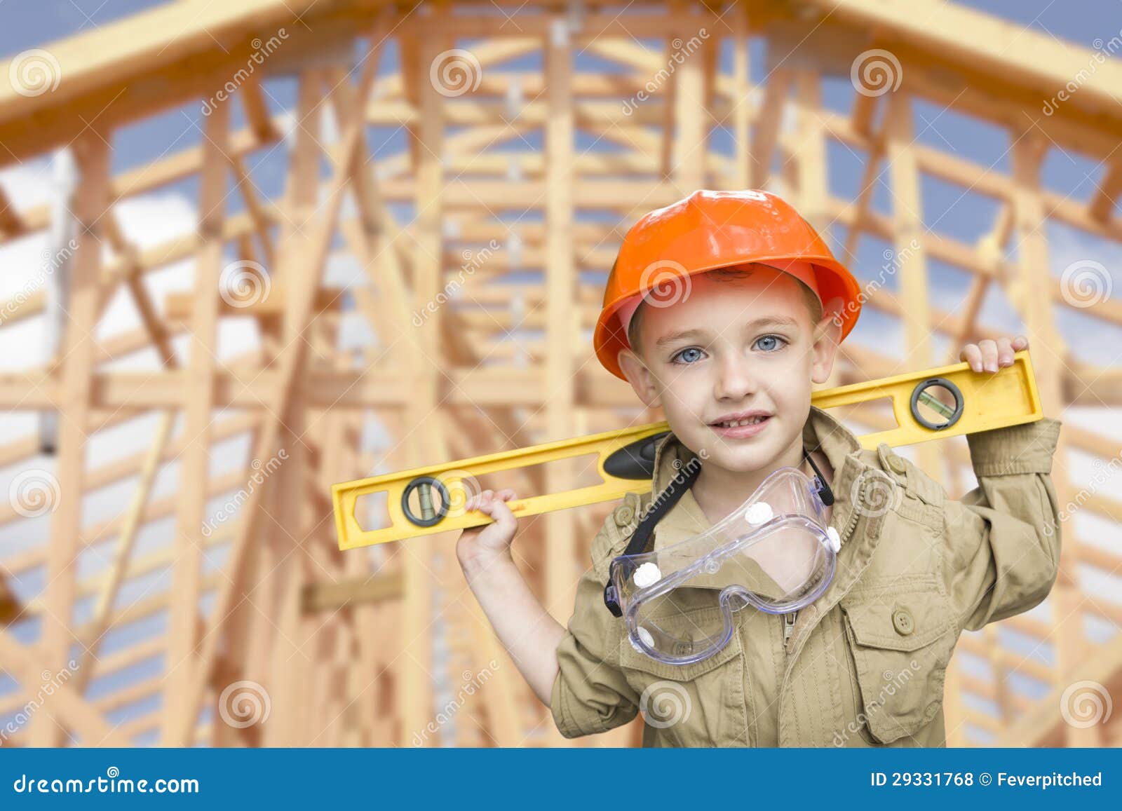 Child Boy Dressed Up As Handyman in Front of House Framing Stock Photo ...