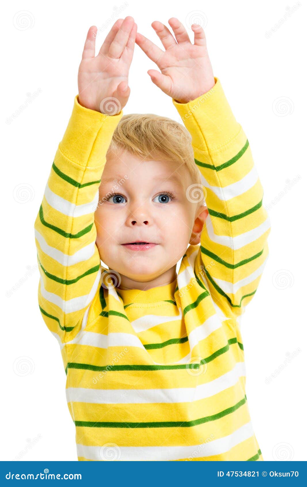 Child Boy with Hands Up Isolated on White Stock Image - Image of funny ...