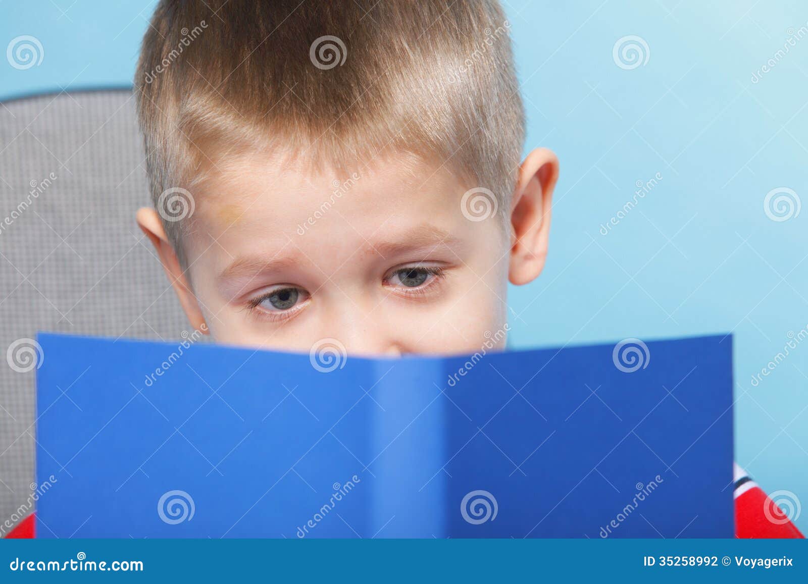 Child Boy Kid Reading a Book on Blue Stock Photo - Image of genius ...