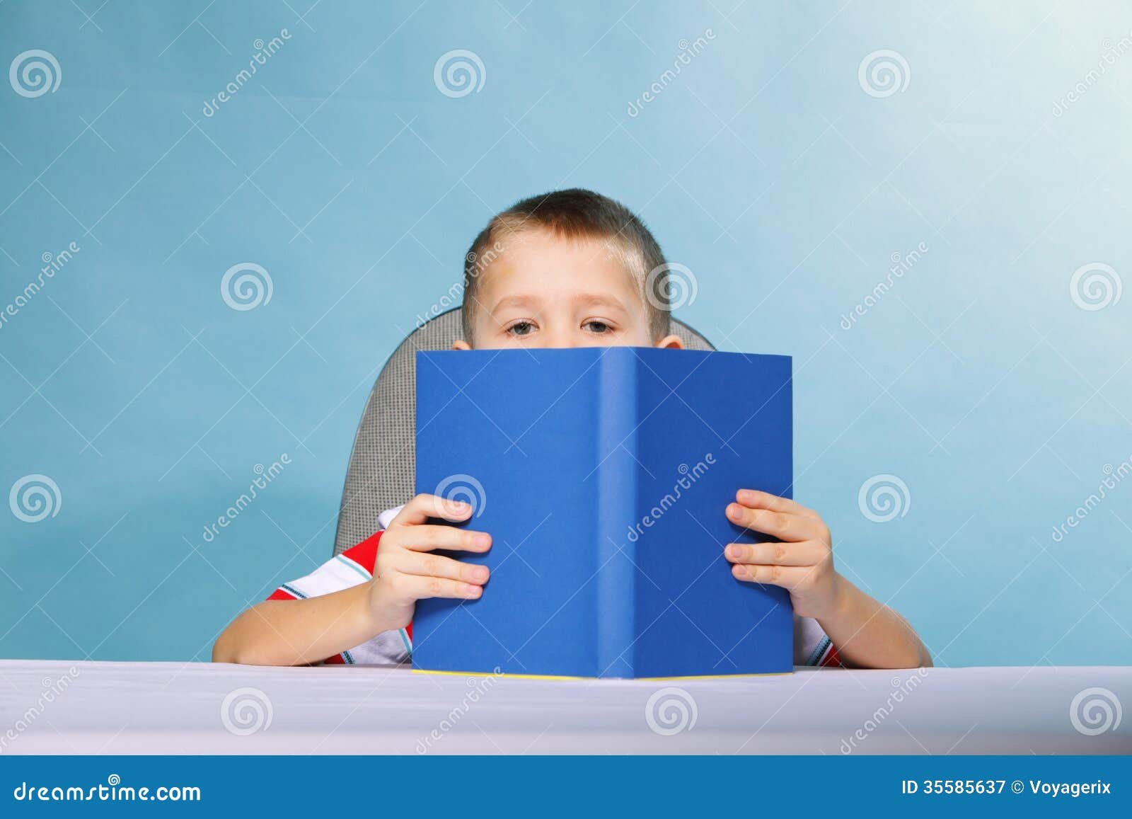 Child Boy Kid Reading a Book on Blue Stock Image - Image of homework ...
