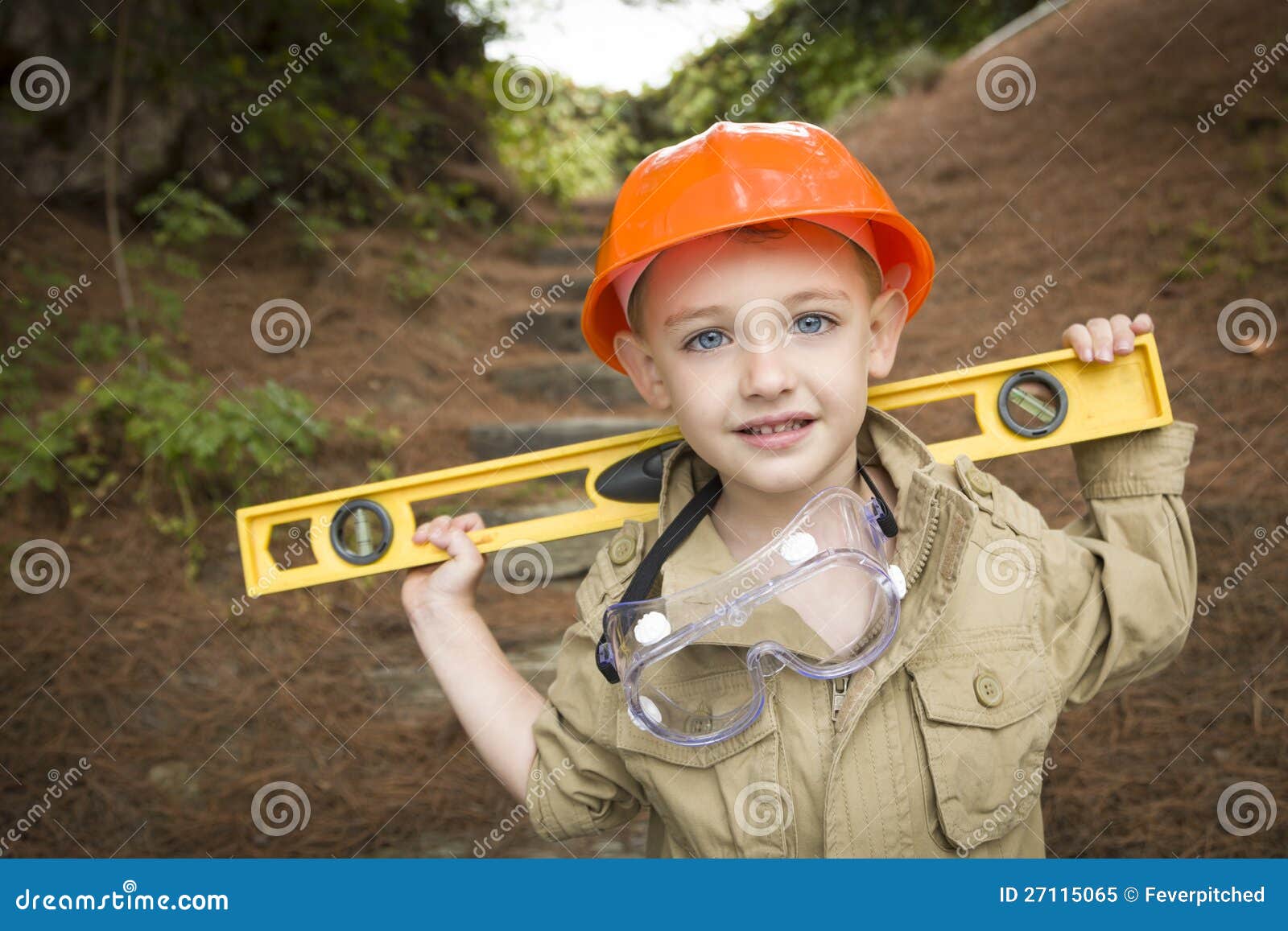 Child Boy with Level Playing Handyman Outside Stock Image - Image of ...