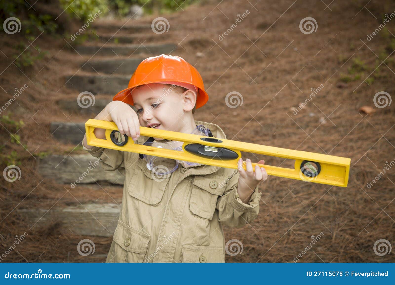 Child Boy with Level Playing Handyman Outside Stock Photo - Image of ...