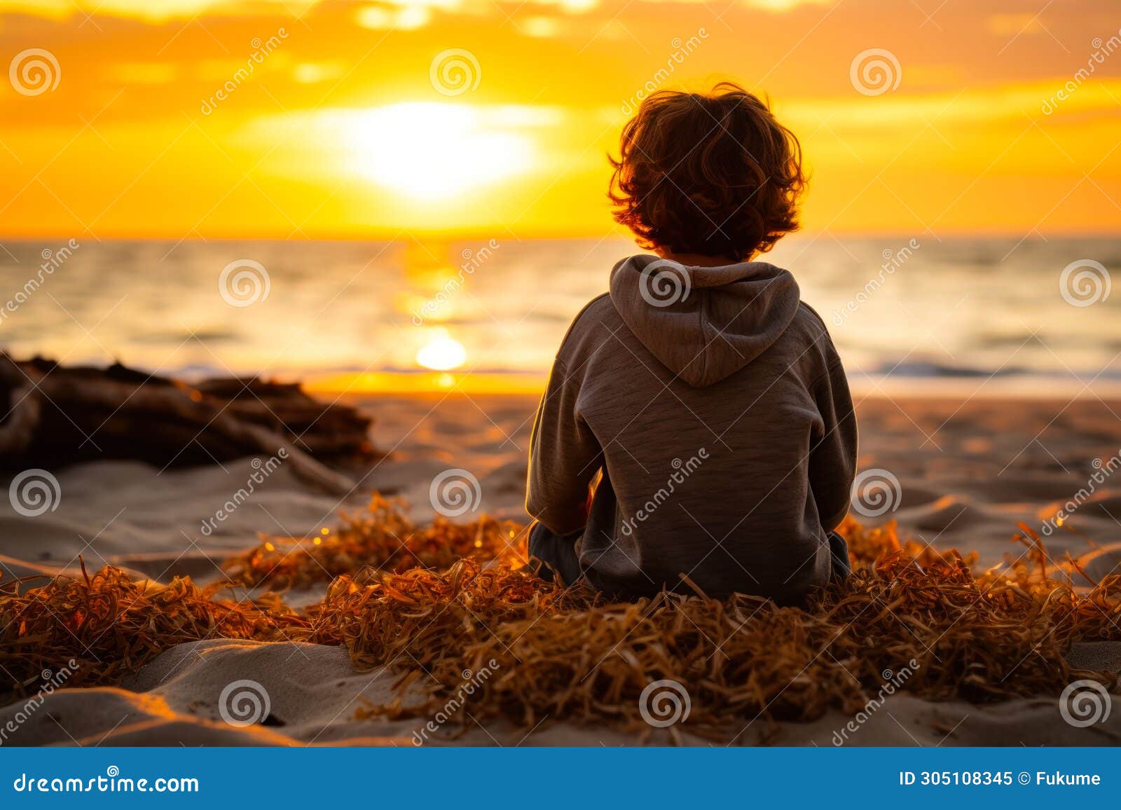 Child Boy Looking at the Setting Sun on the Seashore Stock Image ...