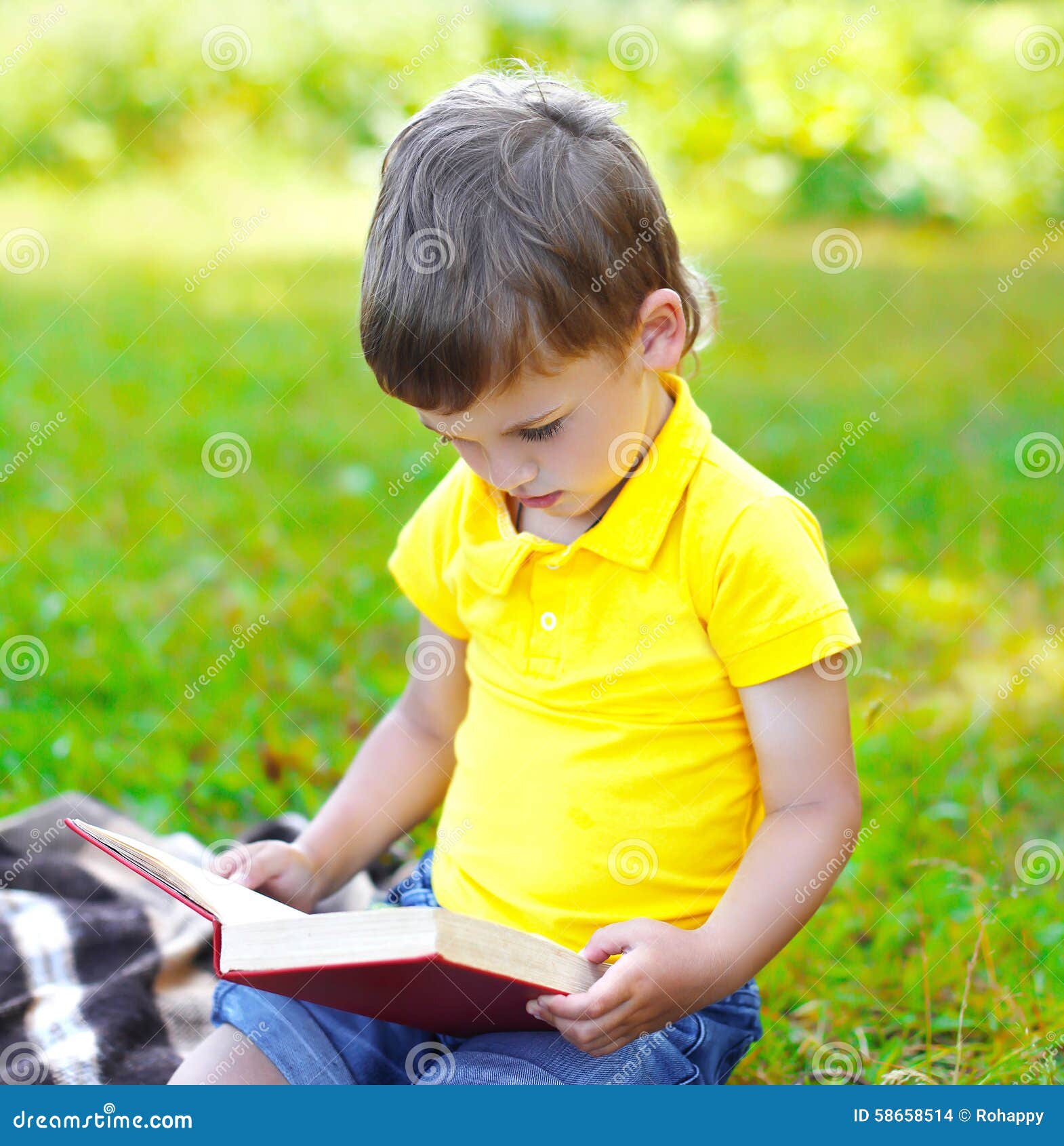 Child Boy Reading a Book on the Grass in Summer Stock Photo - Image of ...