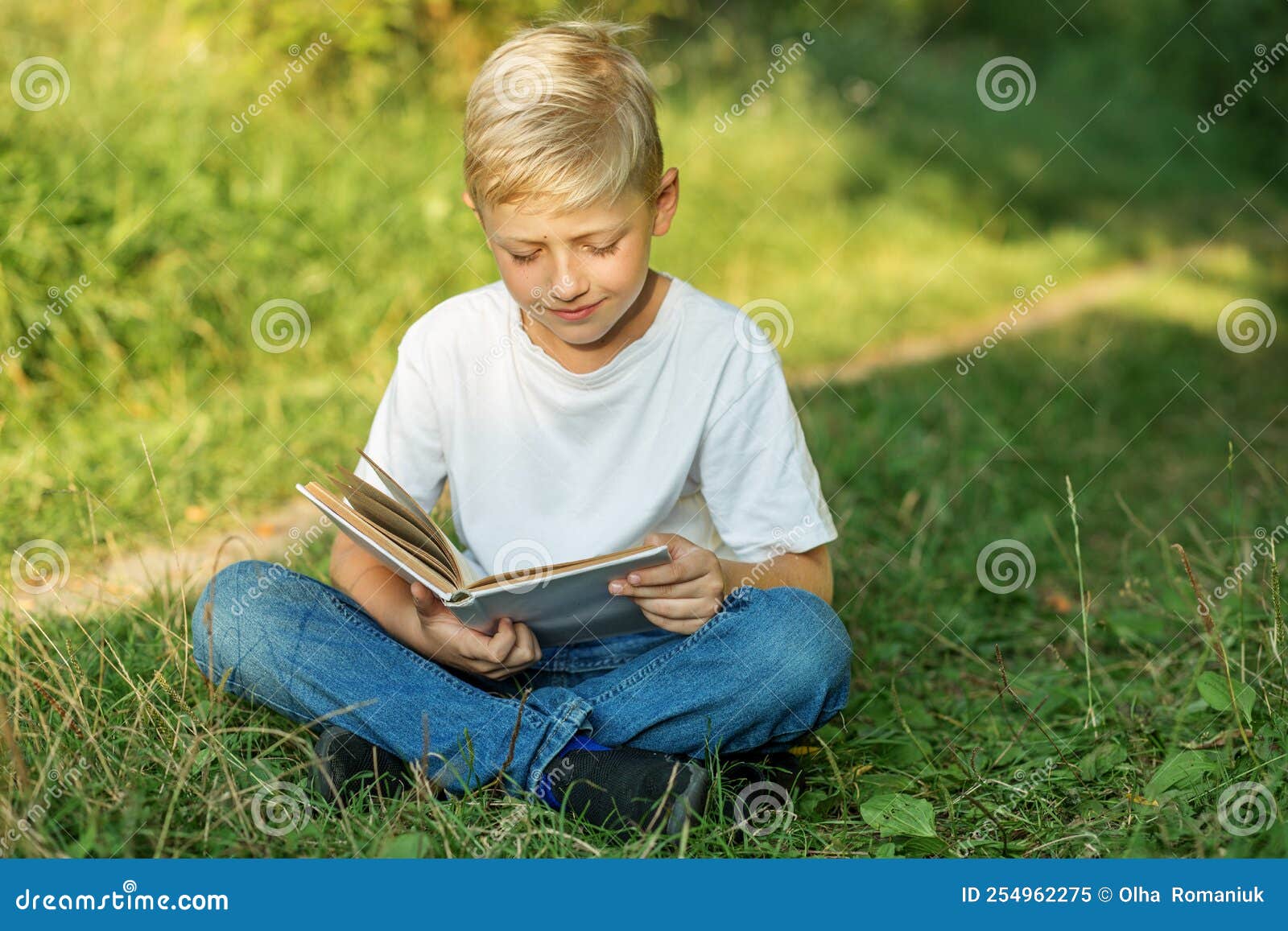 Child Boy Reading Book Outside. Concept of Back To School, Learning ...