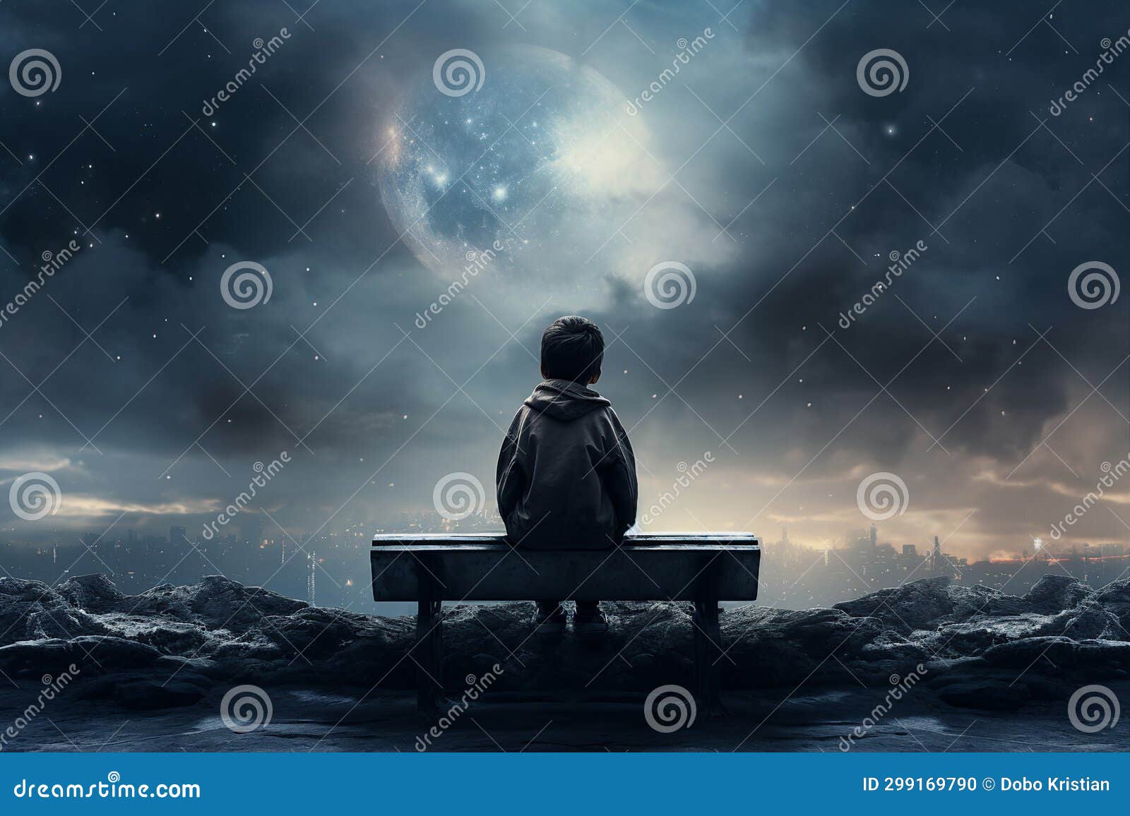 Child Boy Sitting Alone on a Bench Stock Illustration - Illustration of ...