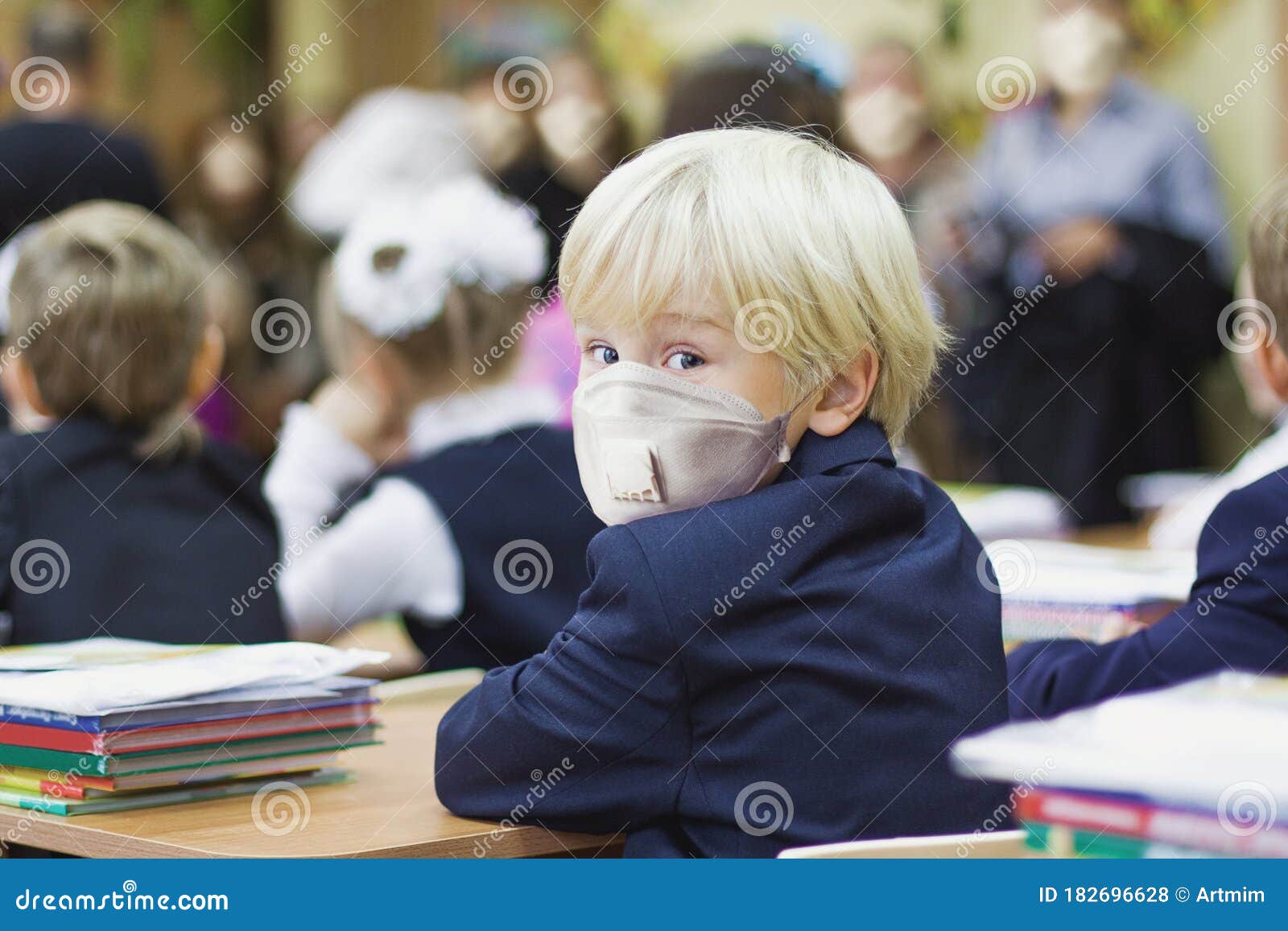 Child Boy Student in Protective Mask, Back To School Stock Photo ...