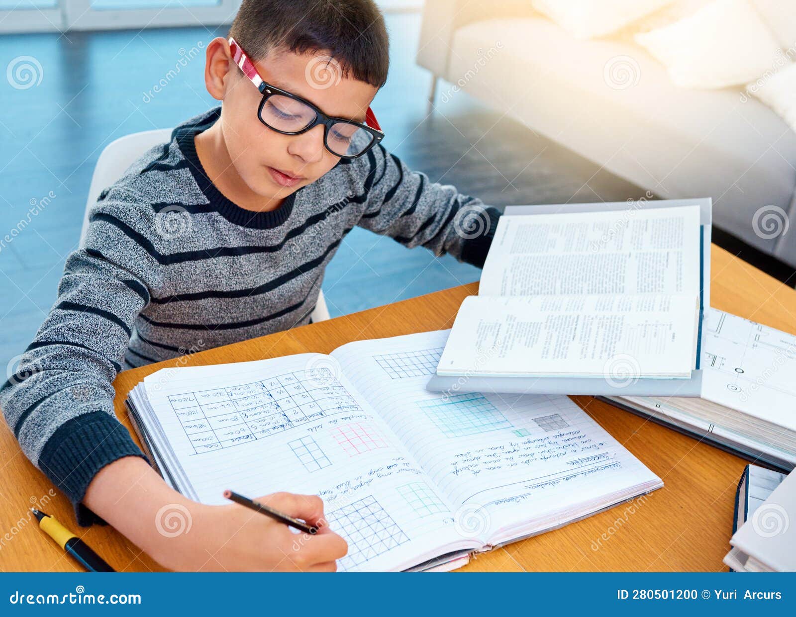 Child Boy, Student and Writing on Math Book in Studying, Learning or ...