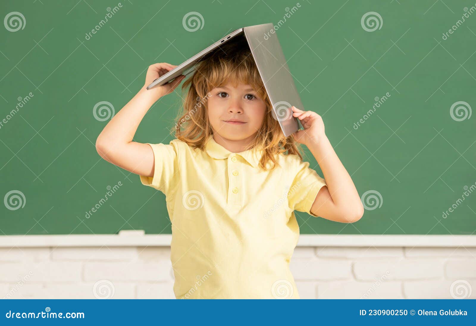 Child Boy Study Online in School Classrrom with Computer, Childhood ...