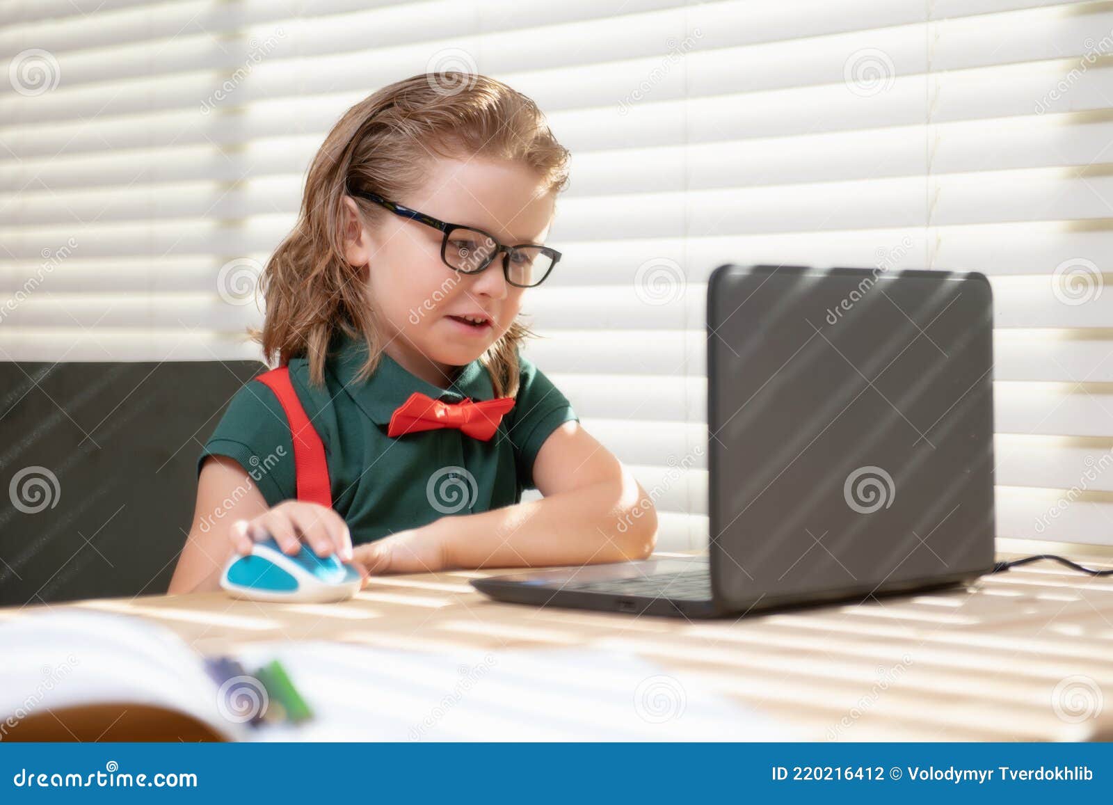 Child Boy Using a Laptop and Study Online Lesson. Pupil at School. Cute ...