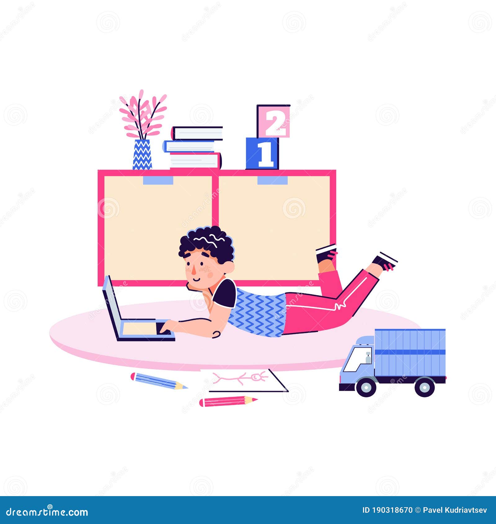 Child Boy Using Online Technology for Studying, Vector Illustration ...