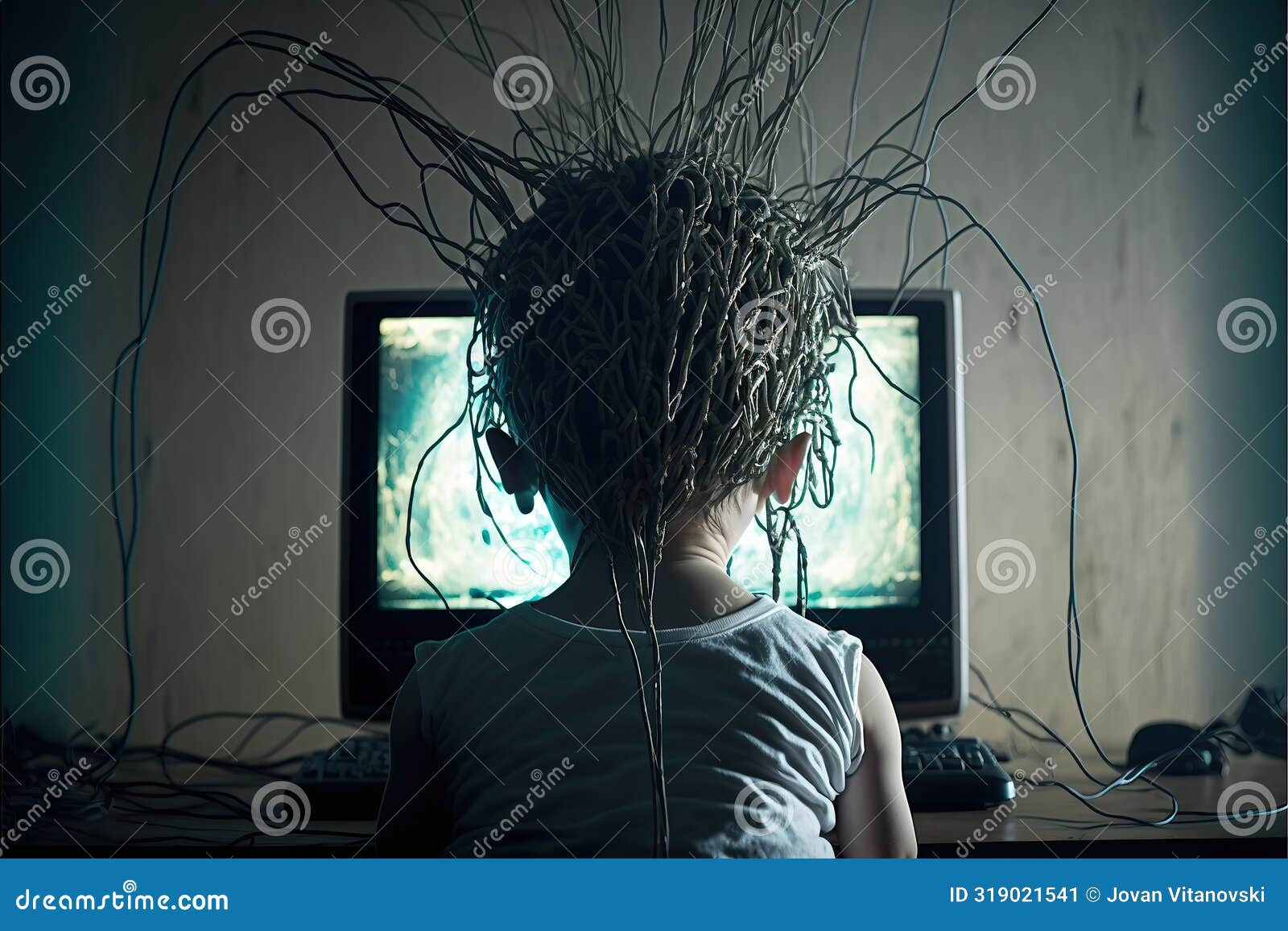 Child with Brain Interface Wires Connected To Computer Screen Stock ...