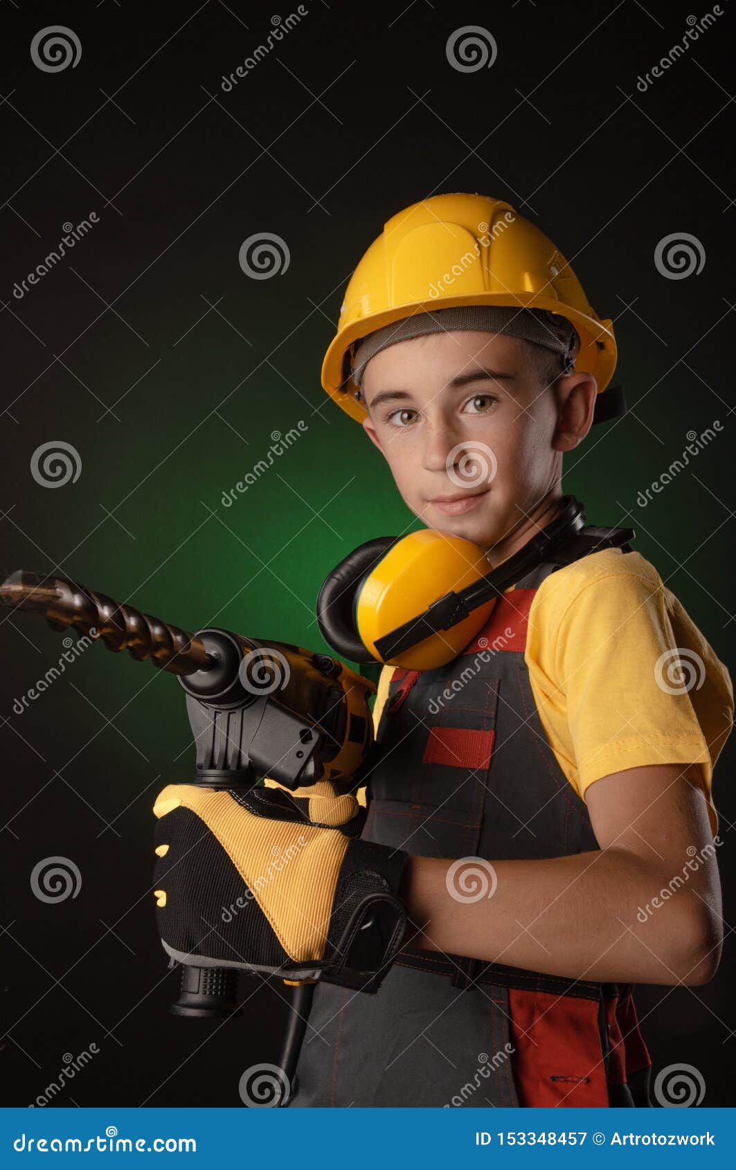 Child the Builder Costume Posing with a Work Tool Stock Image - Image ...