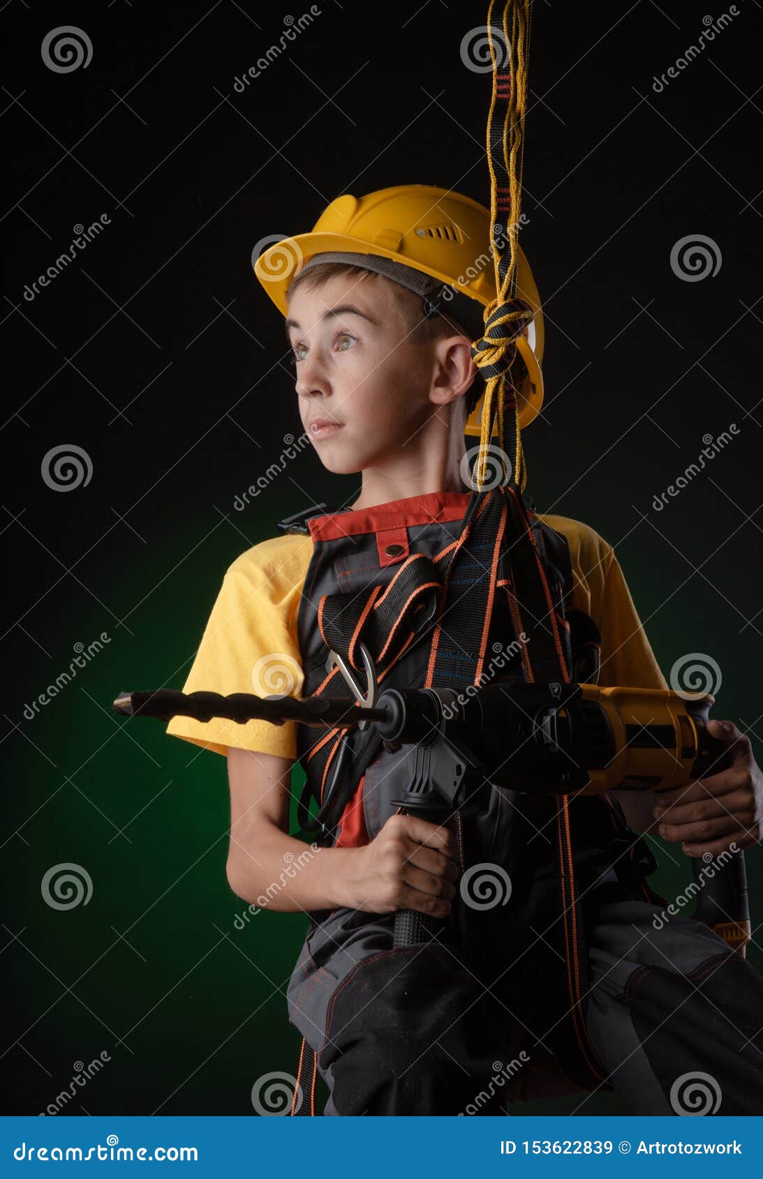Child the Builder Costume Posing with a Work Tool Stock Image - Image ...