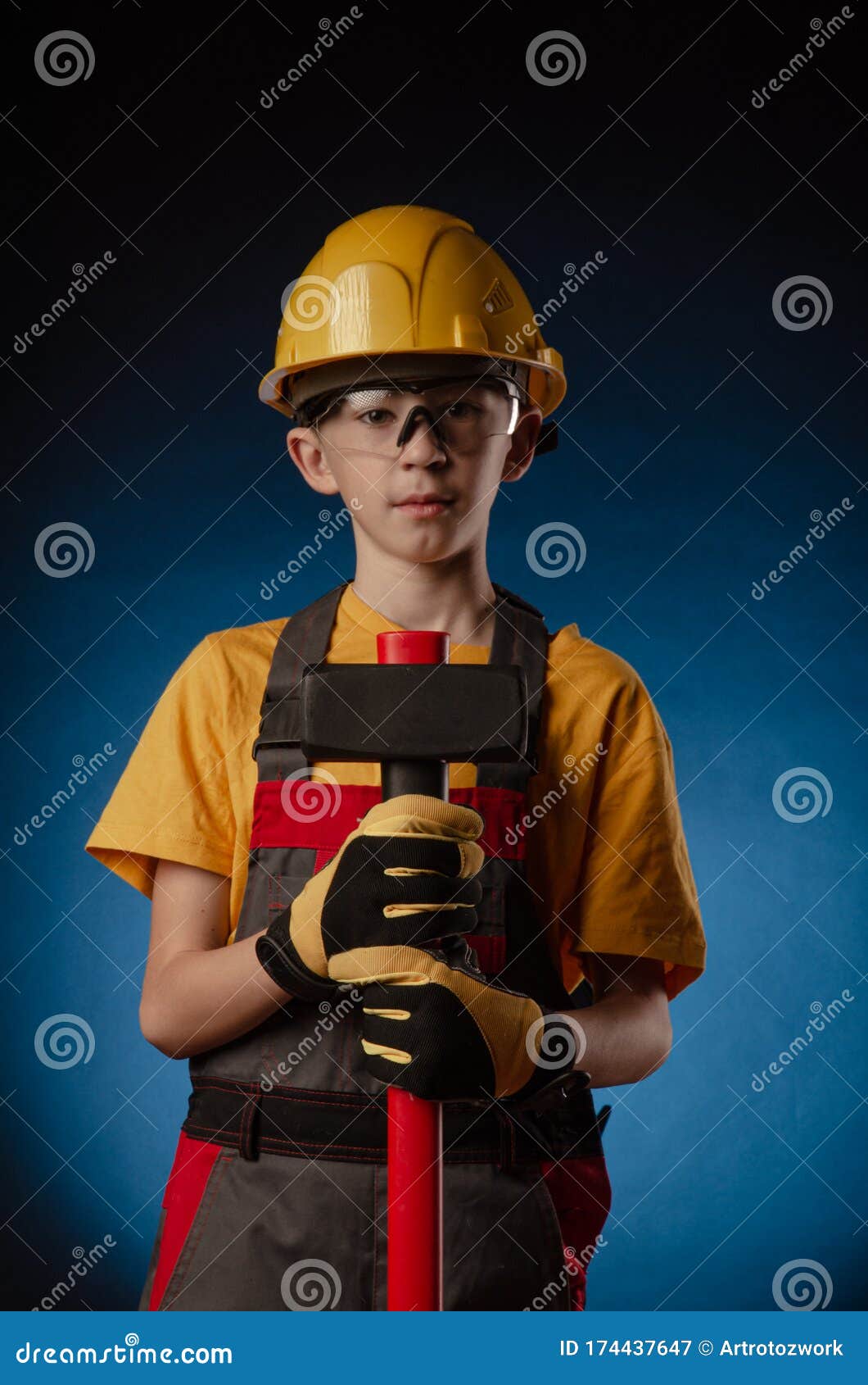 The Child the Builder Costume Posing with a Work Tool Stock Image ...