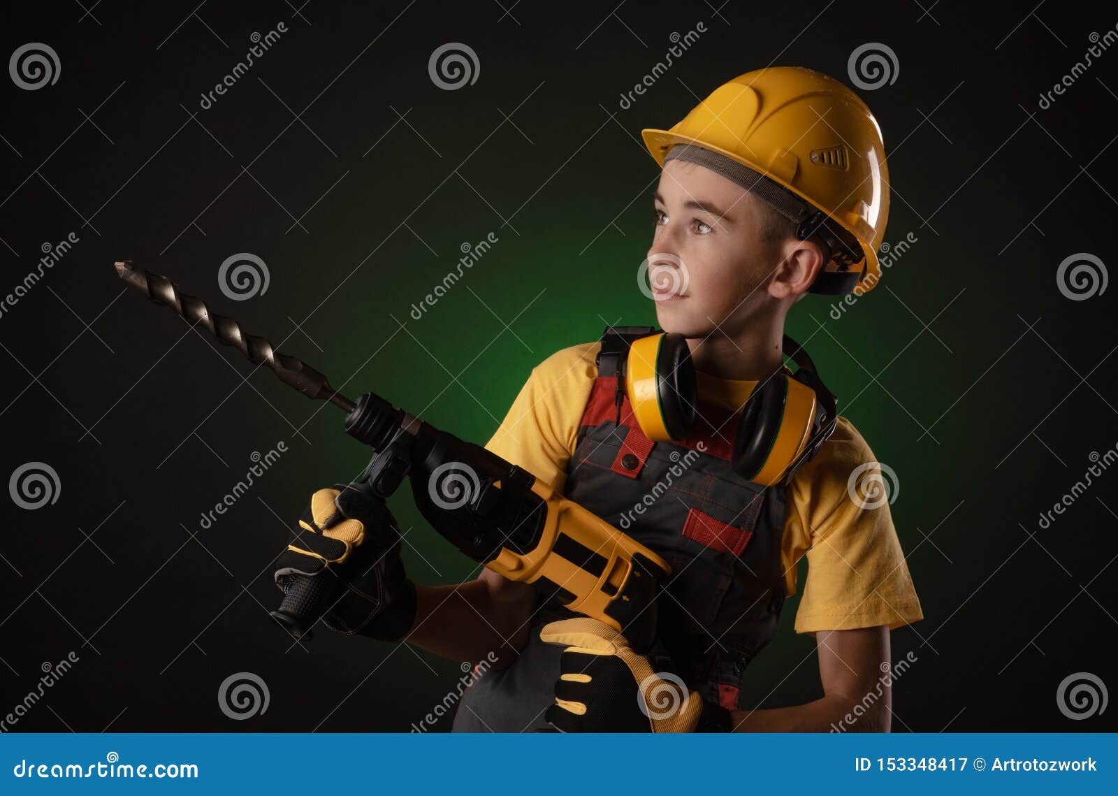 Child the Builder Costume Posing with a Work Tool Stock Image - Image ...