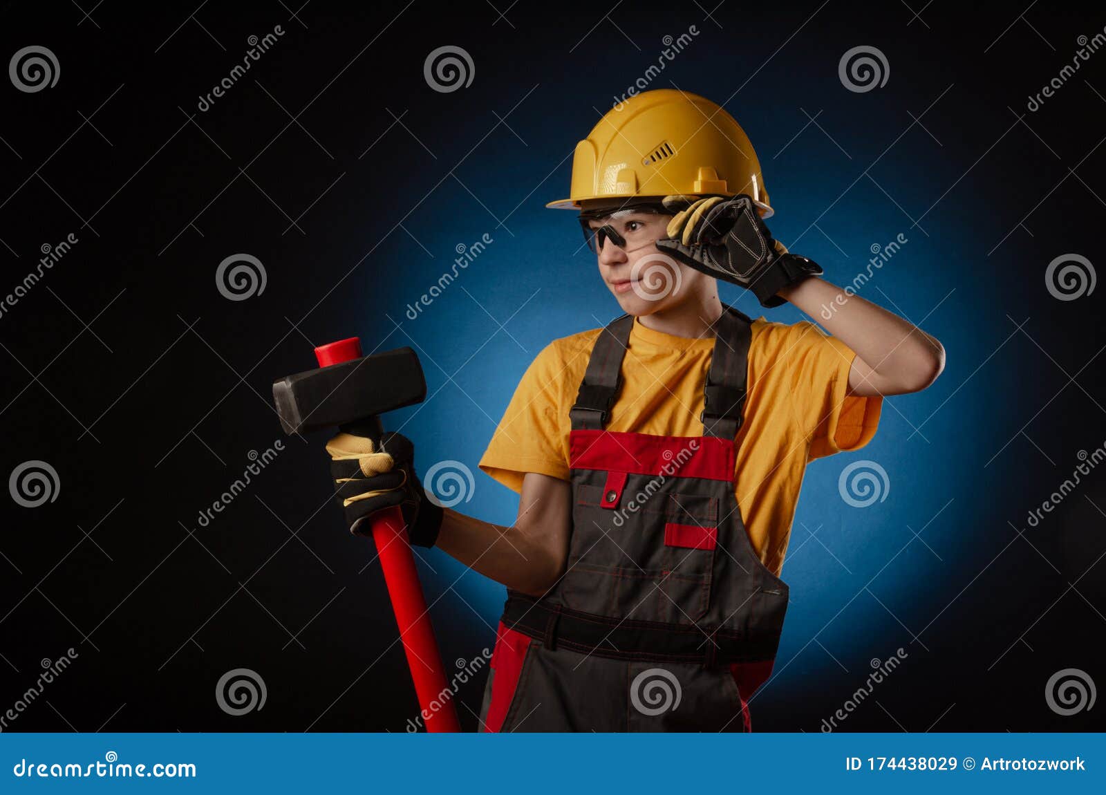 The Child the Builder Costume Posing with a Work Tool Stock Image ...